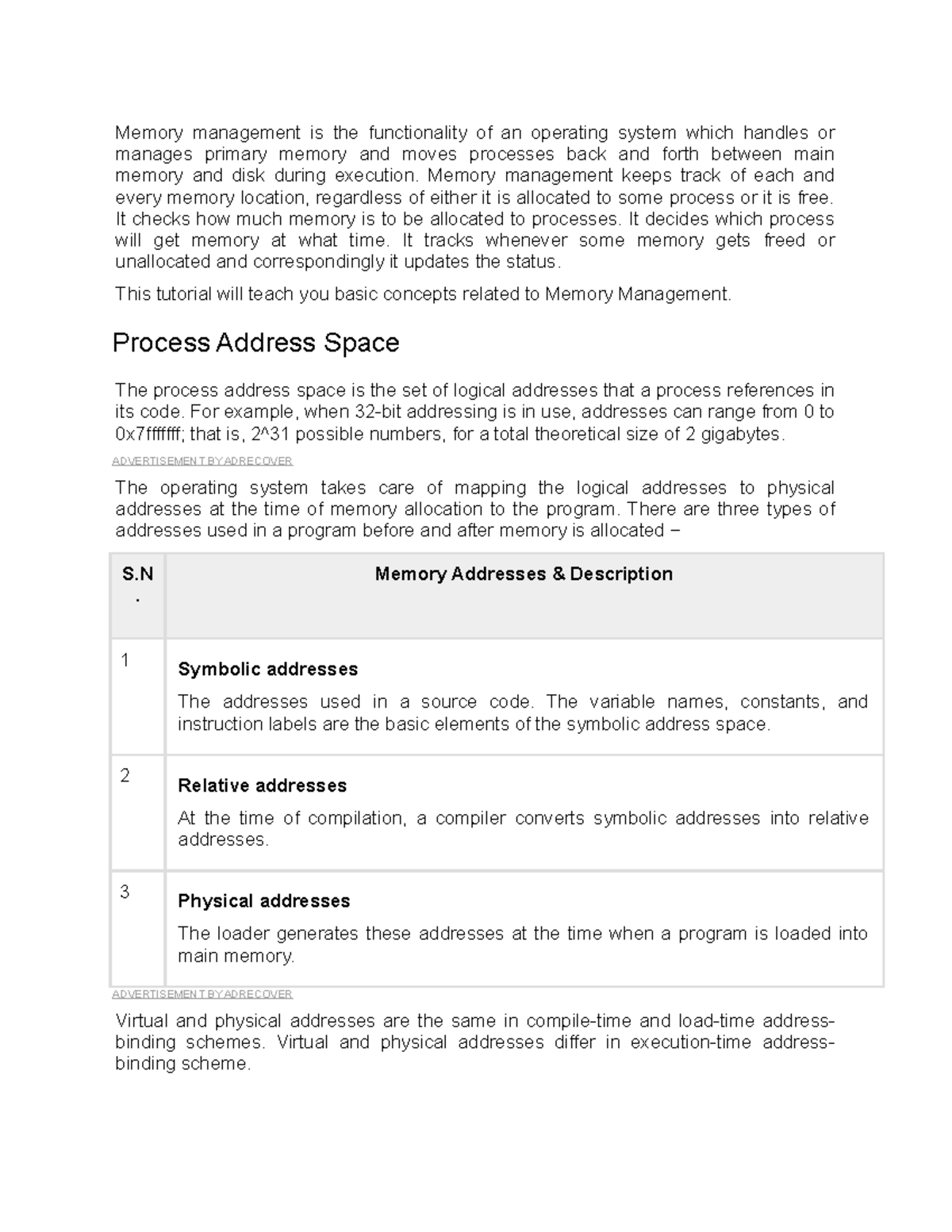 Memory management - Memory management keeps track of each and every ...