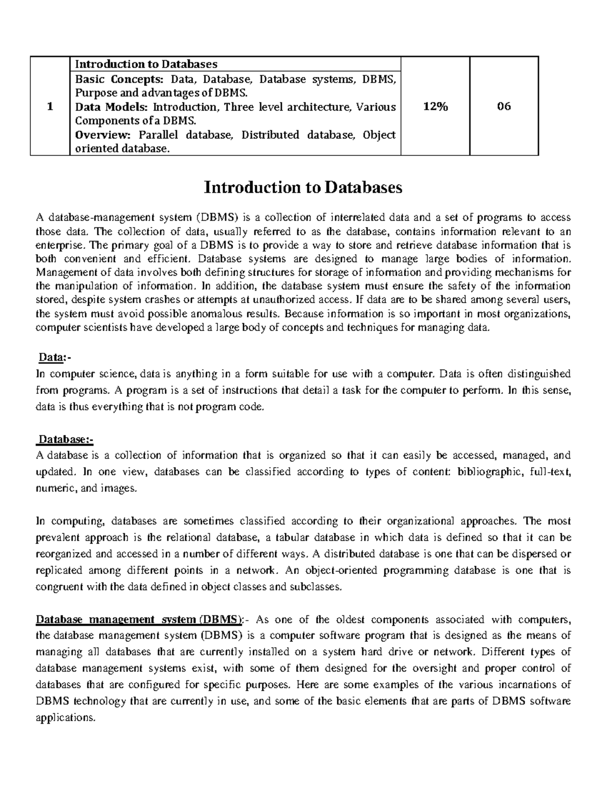 Unit 1 - notes - 1 Introduction to Databases 12% 06 Basic Concepts ...