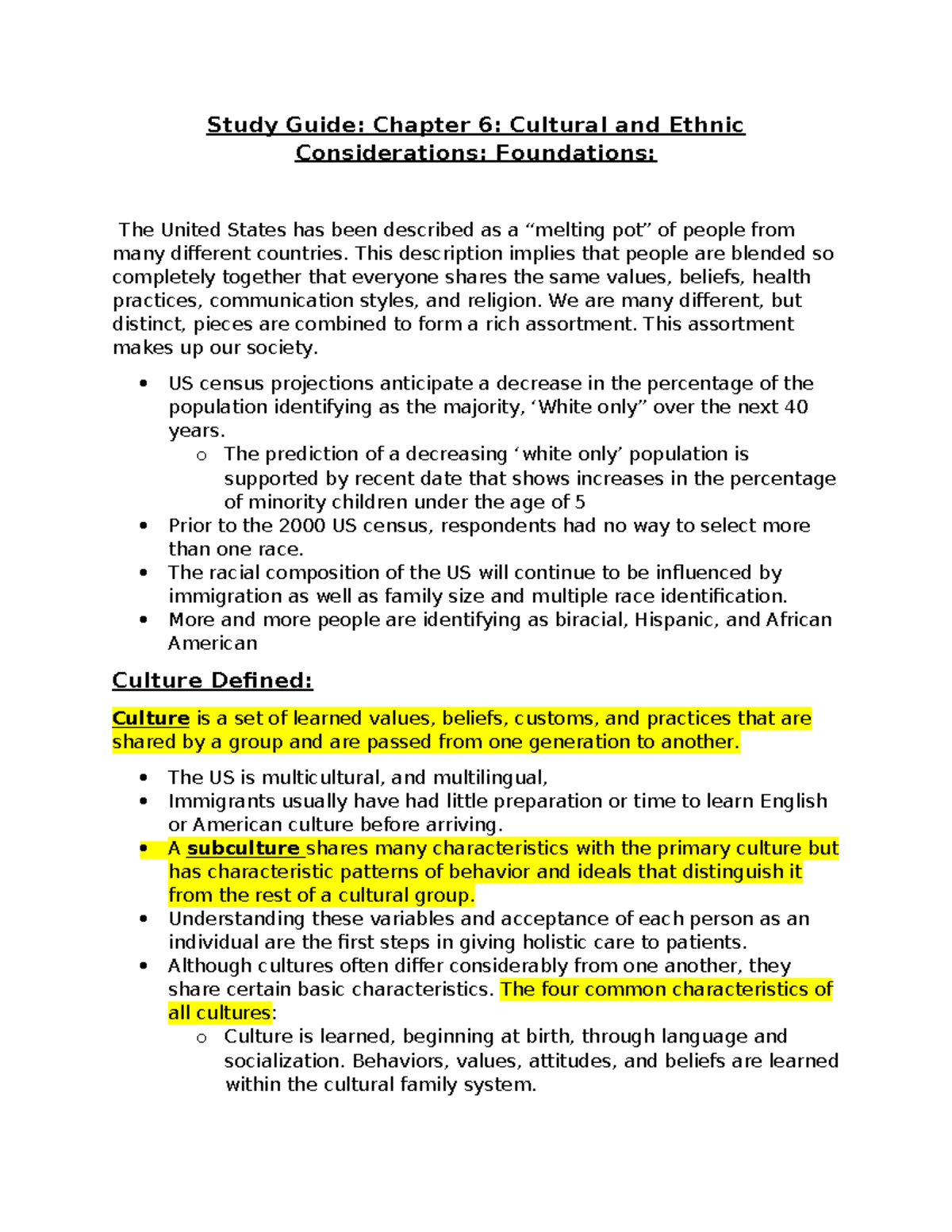 Chp 6 study guide oxygen - Study Guide: Chapter 6: Cultural and Ethnic ...