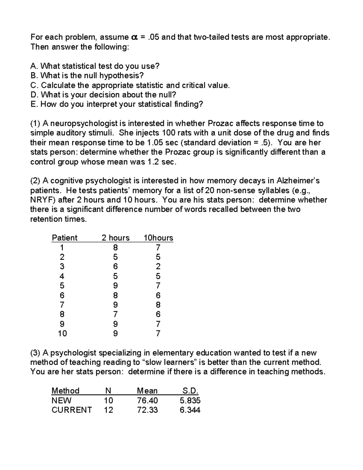 Additional t exercises and answers - For each problem, assume α = .05 ...