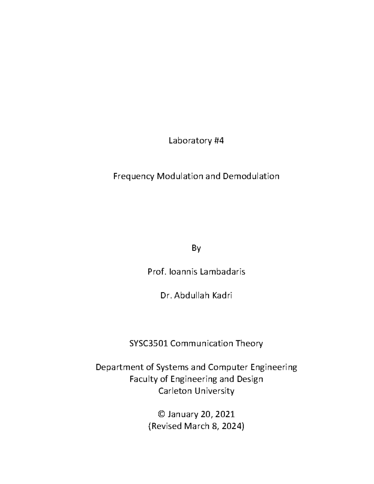 SYSC3501 Lab4 v51 - Laboratory Frequency Modulation and Demodulation By Prof. Ioannis Lambadaris ...