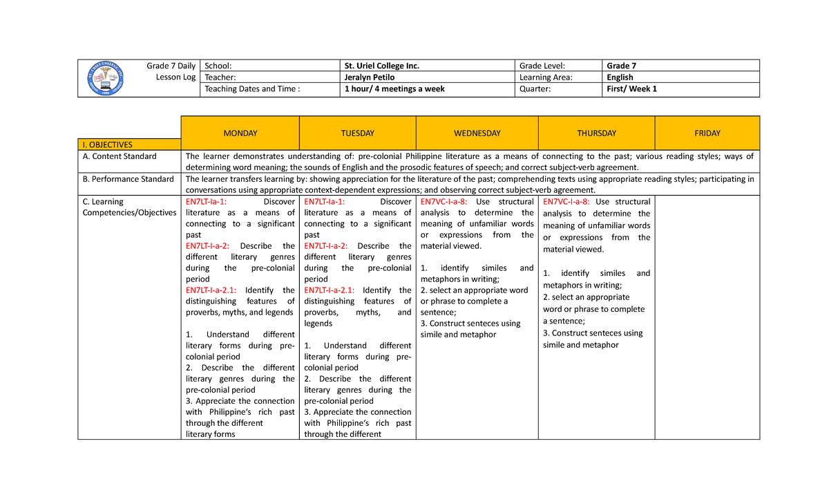 1 WEEK 1 english 7 DLL 062405 - Grade 7 Daily Lesson Log School: St ...