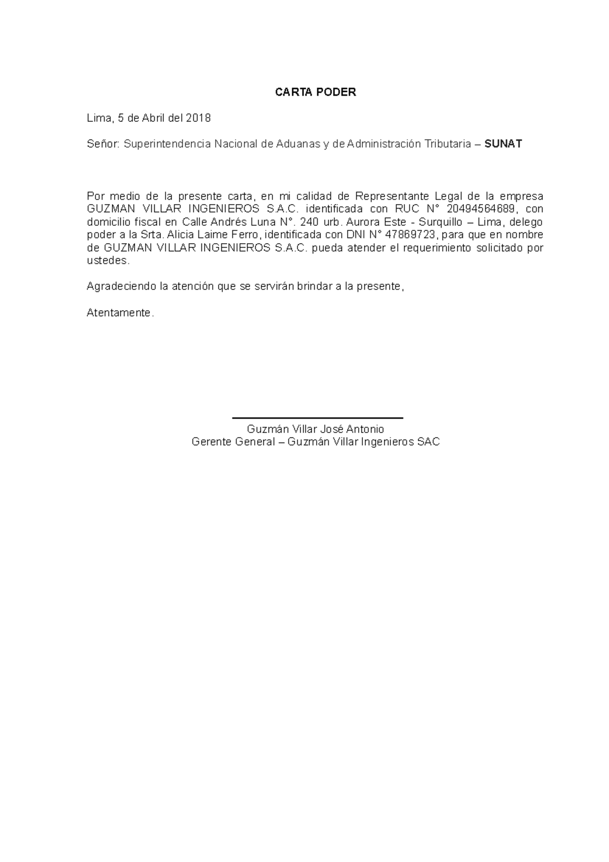 Carta Poder - sscscssscscscsscsccsscsc - CARTA PODER Lima, 5 de Abril ...