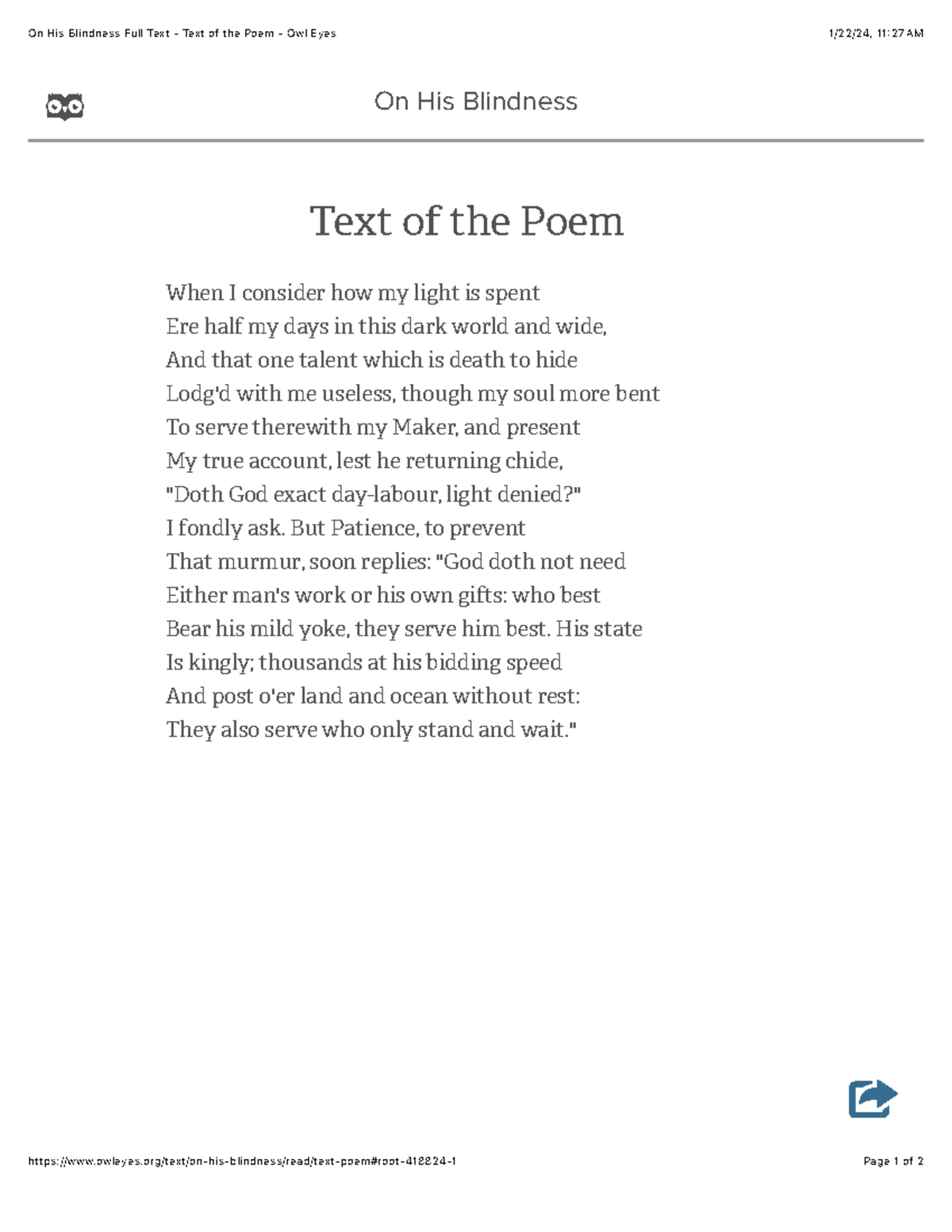 On His Blindness - John Milton - On His Blindness Full Text - Text of ...