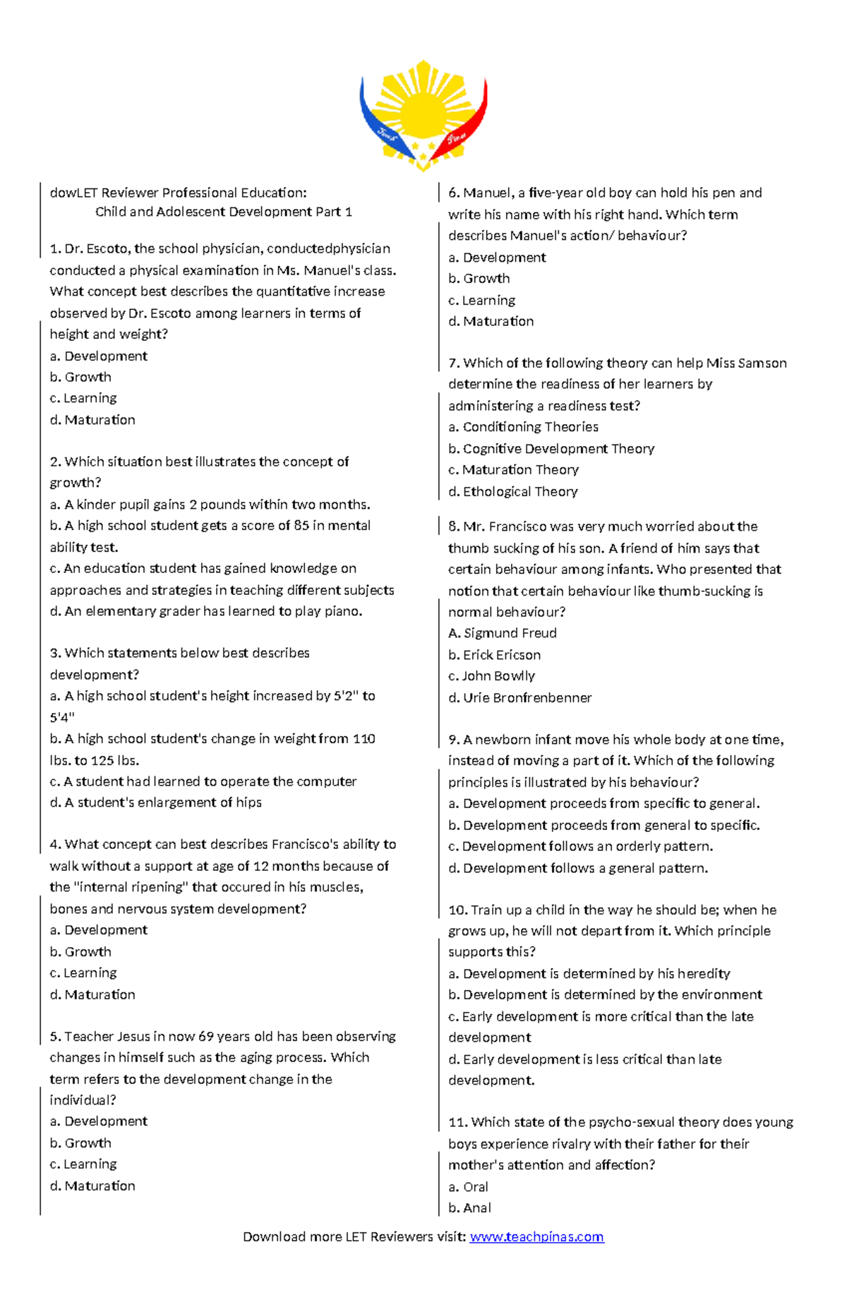 Child and Adolscent Development Part 1 - dowLET Reviewer Professional ...