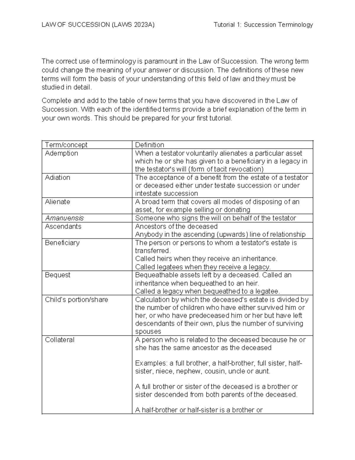 Tutorial 1 Terminology - LAW OF SUCCESSION (LAWS 2023A) Tutorial 1 ...