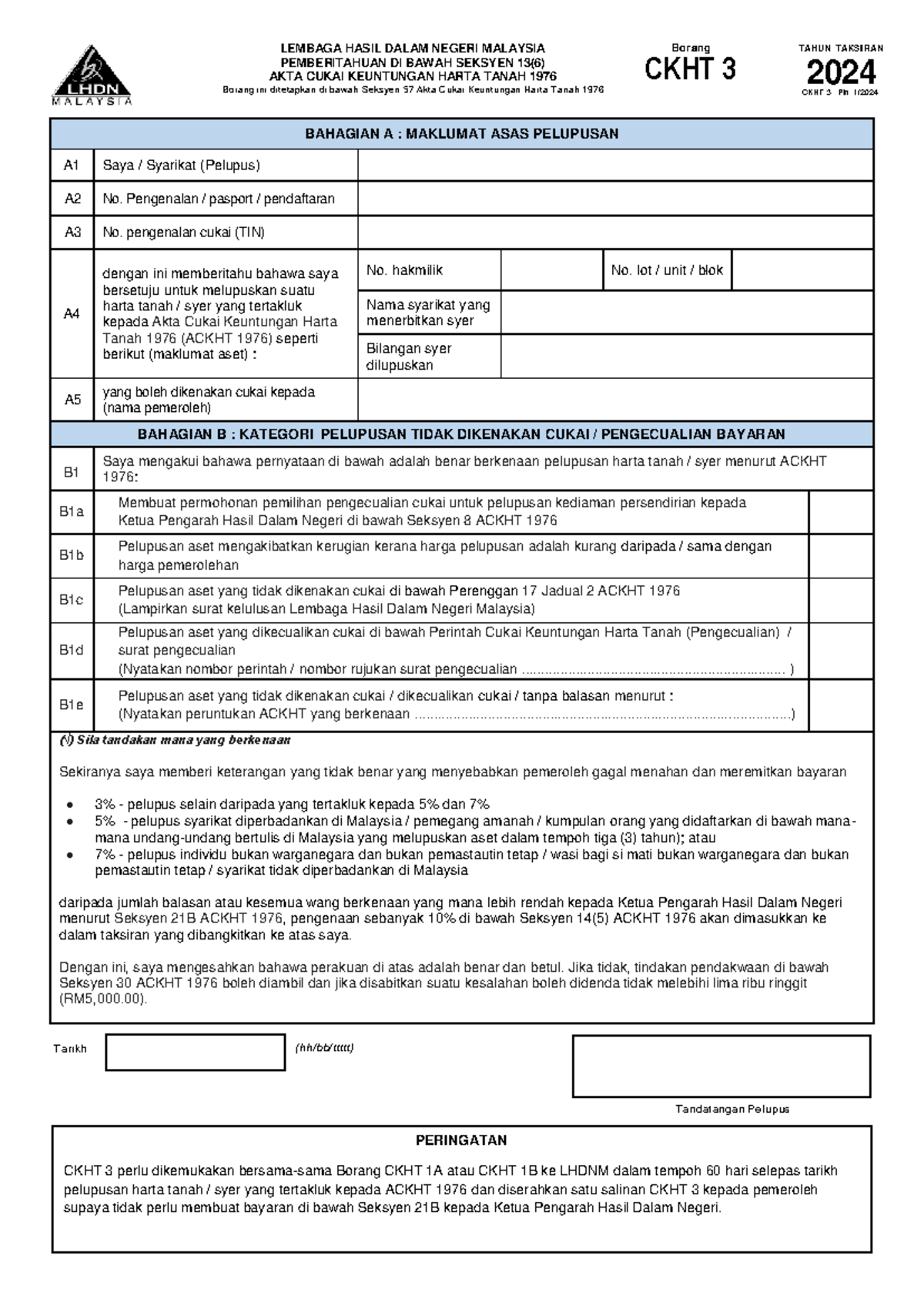 Brg ckht3-2024 - Ckht forms - BAHAGIAN A : MAKLUMAT ASAS PELUPUSAN A1 ...