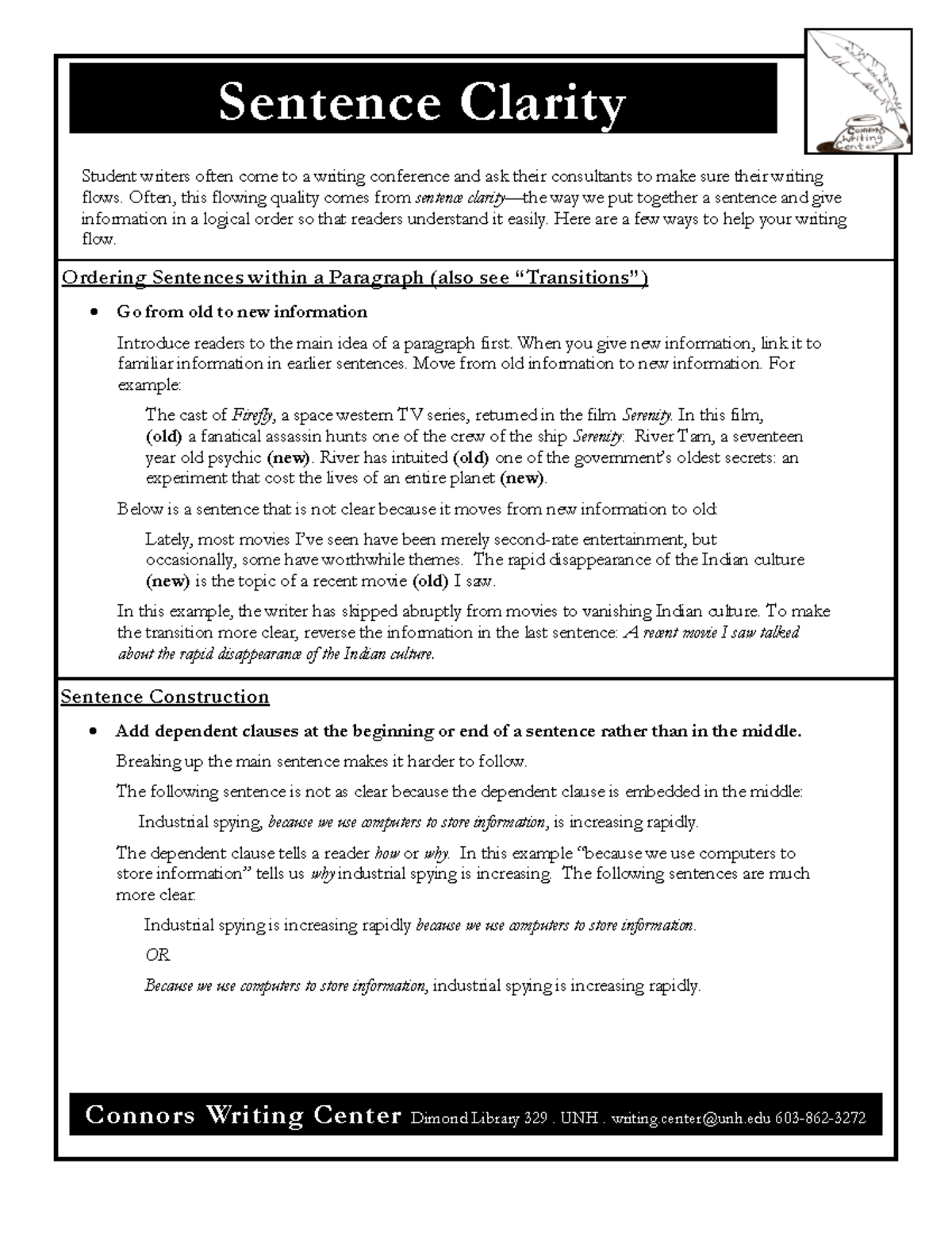 Sentence clarity final - Sentence Clarity Connors Writing Center Dimond ...