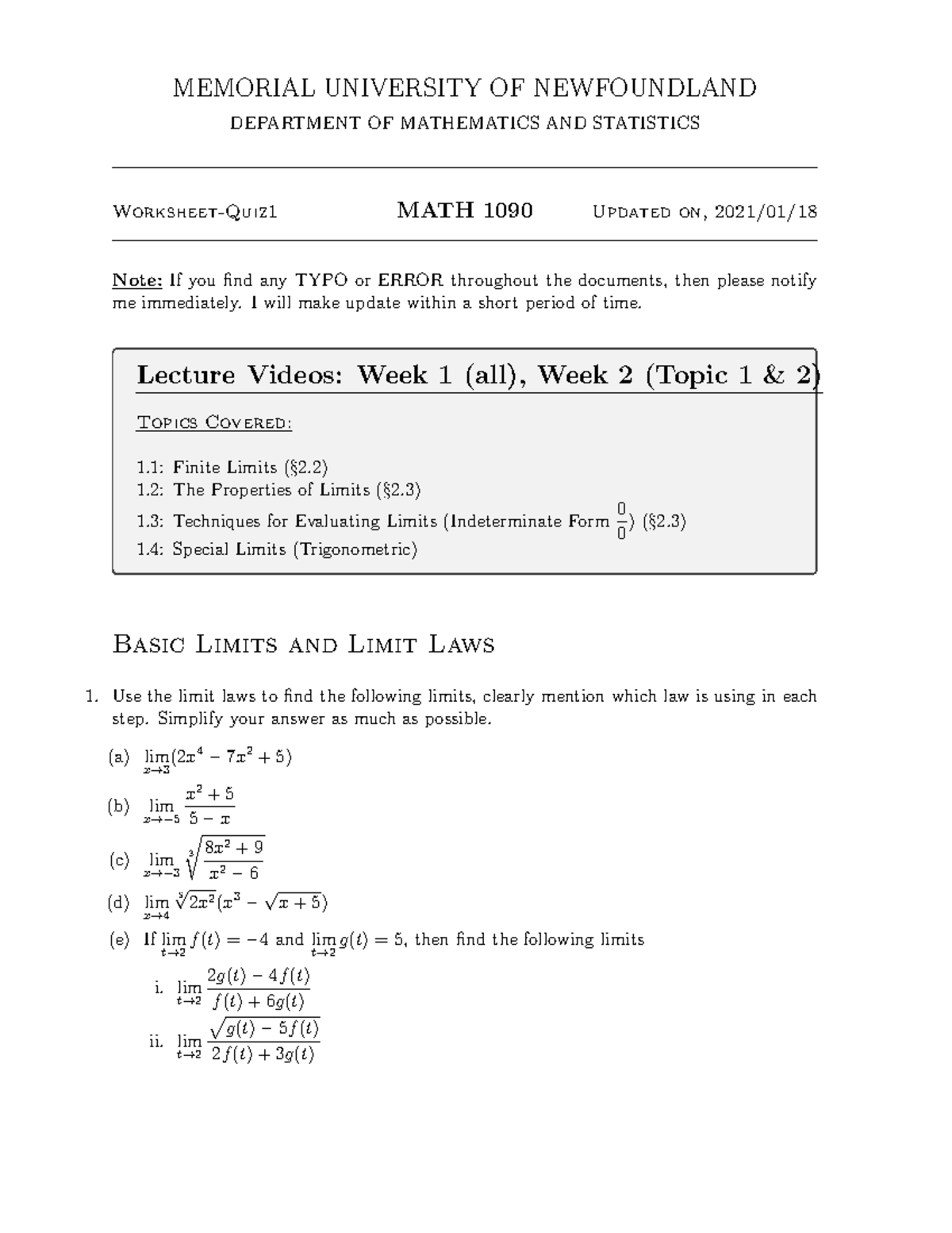 Math 1000-Practice Worksheet-Quiz1 - MEMORIAL UNIVERSITY OF ...