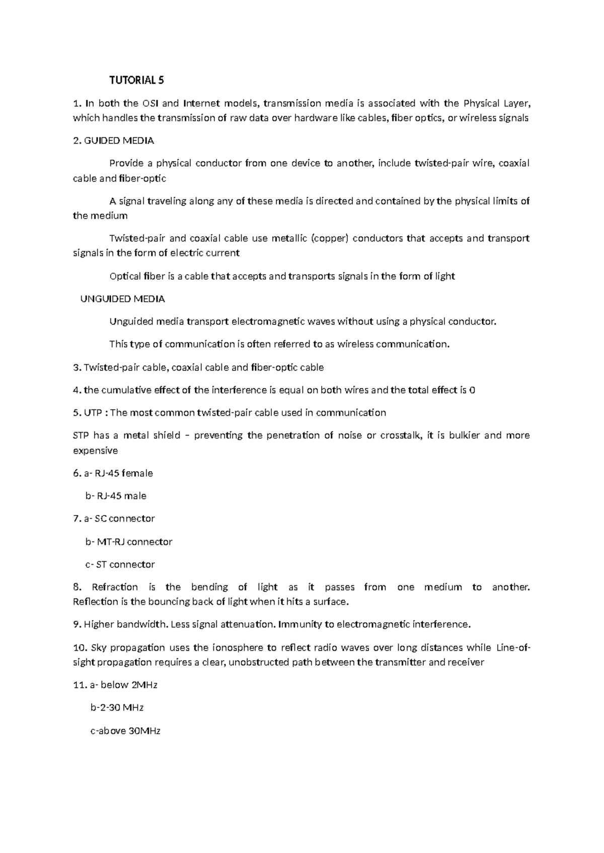 Tutorial 5 - practice question - TUTORIAL 5 In both the OSI and ...
