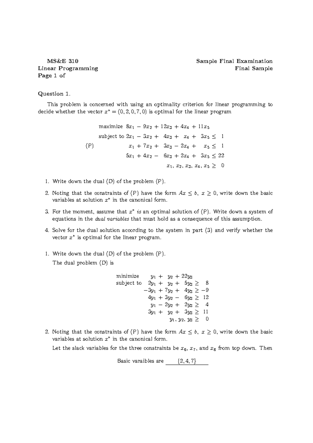 Finalsample - yjyyyjyjyjyjy - MS&E 310 Sample Final Examination Linear ...
