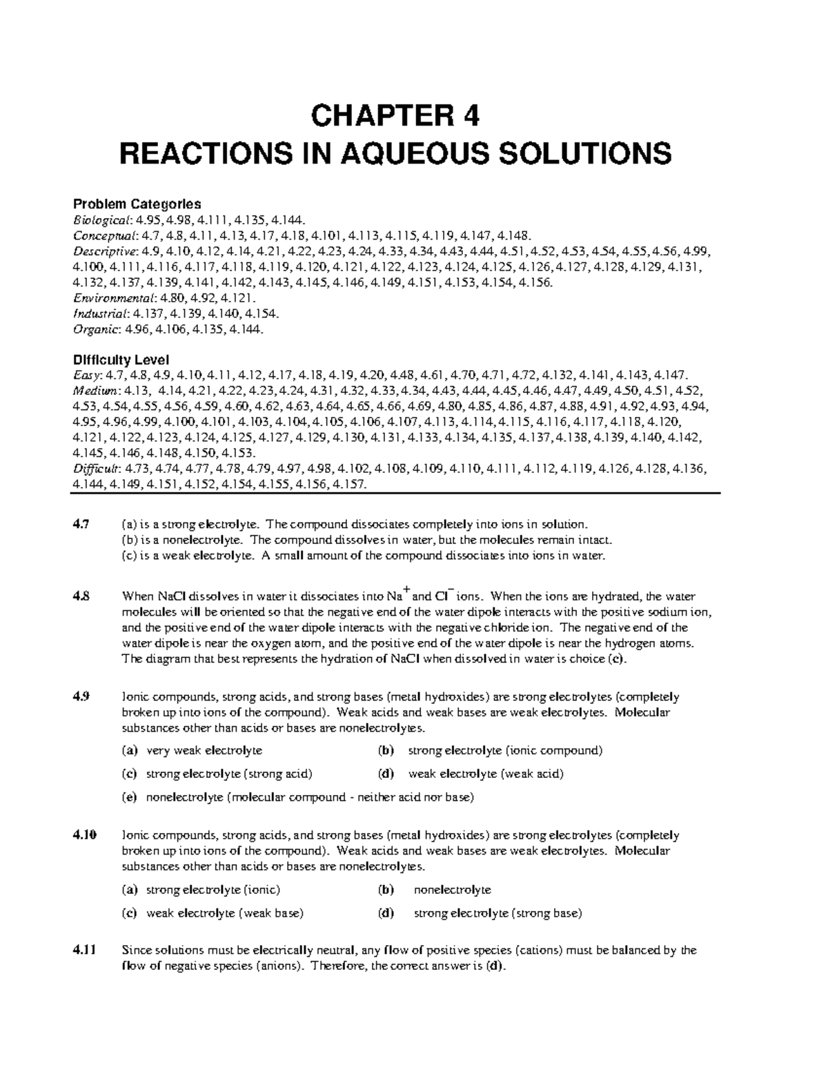 Chapter 4ISM - solution - CHAPTER 4 REACTIONS IN AQUEOUS SOLUTIONS Problem Categories Biological ...