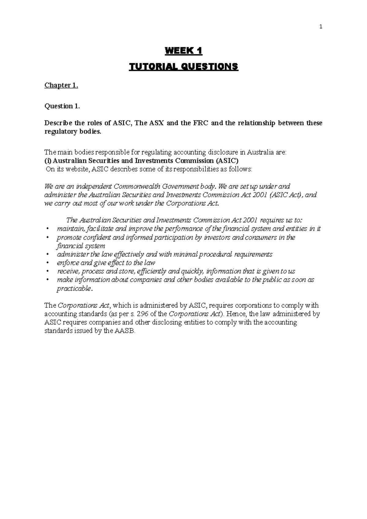 WEEK 2 Ch 3 tutorila lecture notes - WEEK 1 TUTORIAL QUESTIONS Chapter ...