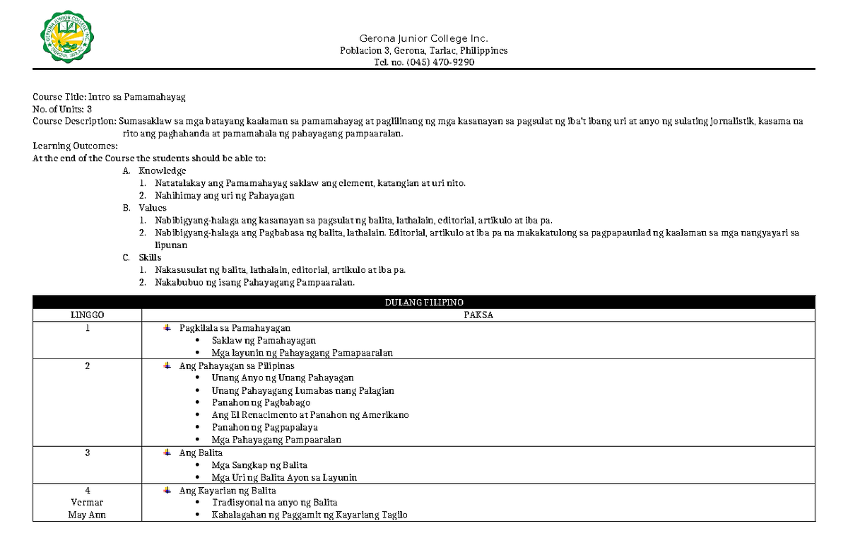 Granil Introduksiyon sa Pamamahayag Syllabus - Gerona Junior College ...