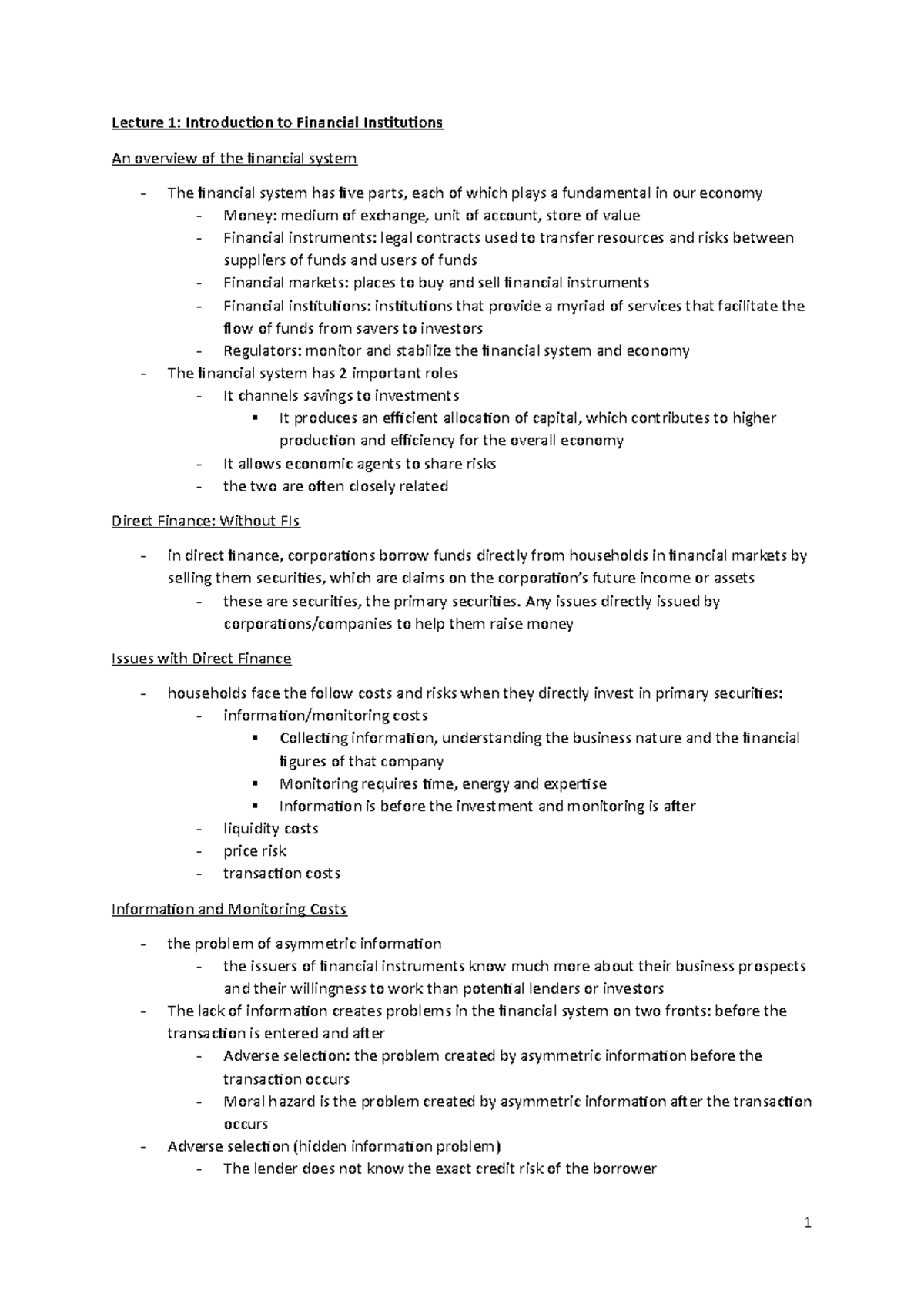 BFM notes - Lecture 1: Introduction to Financial Institutions An ...