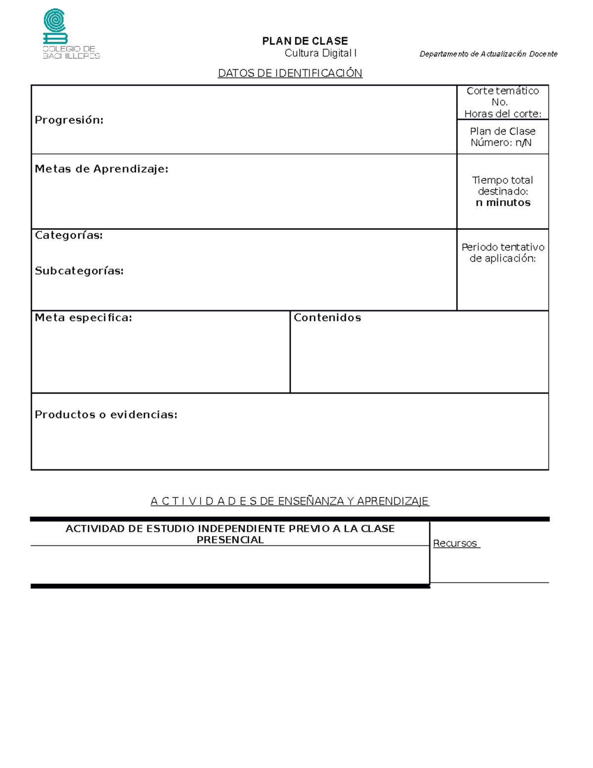 Formato Plan de Clase - PLAN DE CLASE Cultura Digital I Departamento de ...