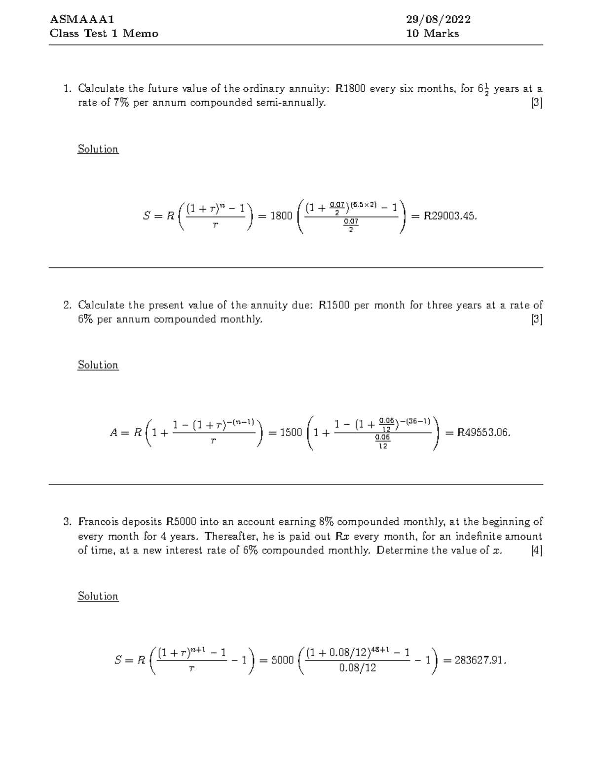 Asmaaa 1 CT1 Memo - Important - ASMAAA1 29/08/ Class Test 1 Memo 10 ...