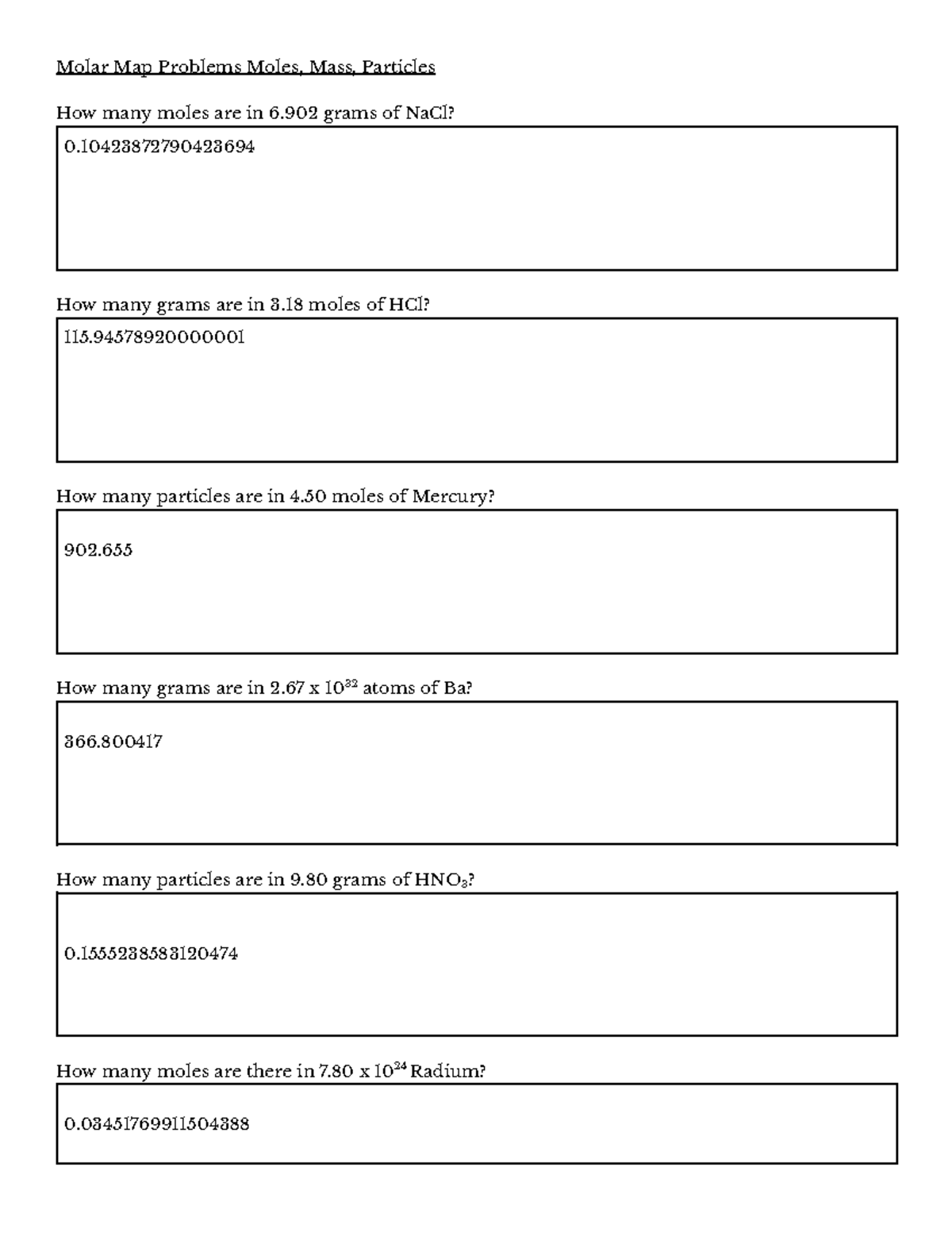 Copy of Mole Practice Worksheet - Molar Map Problems Moles, Mass ...