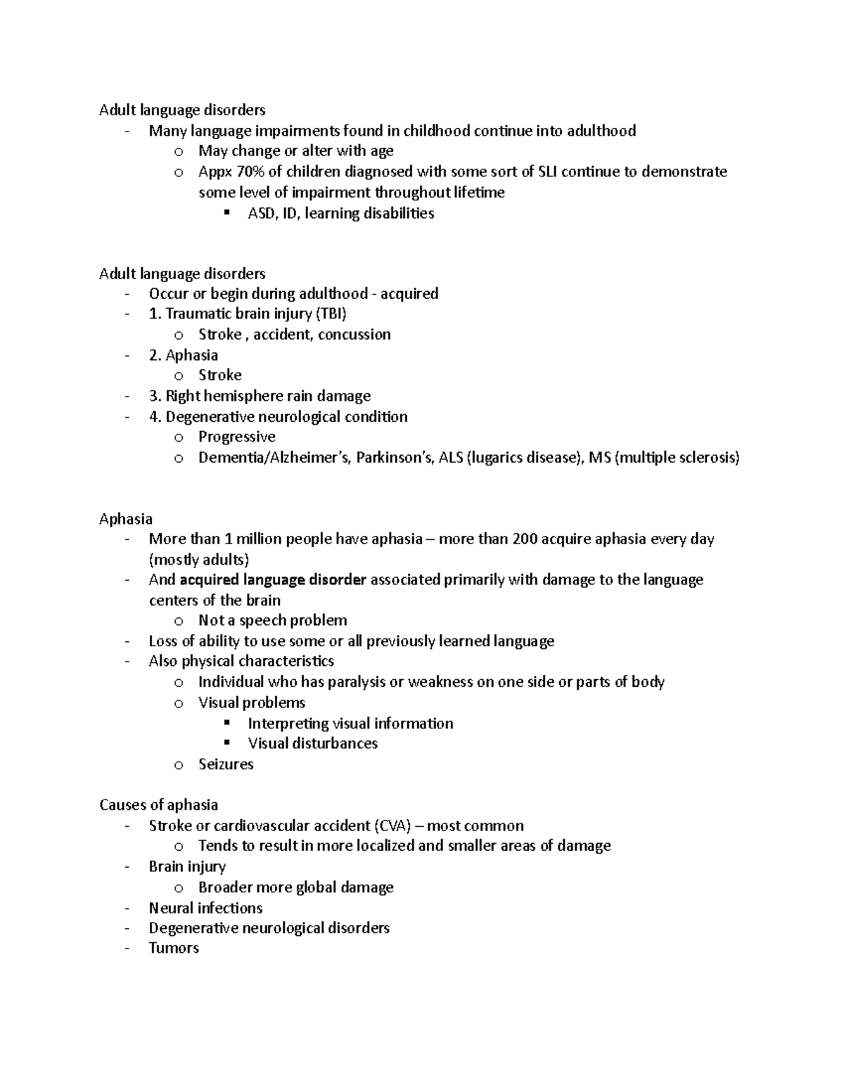 Adult language disorders - Traumatic brain injury (TBI) o Stroke ...