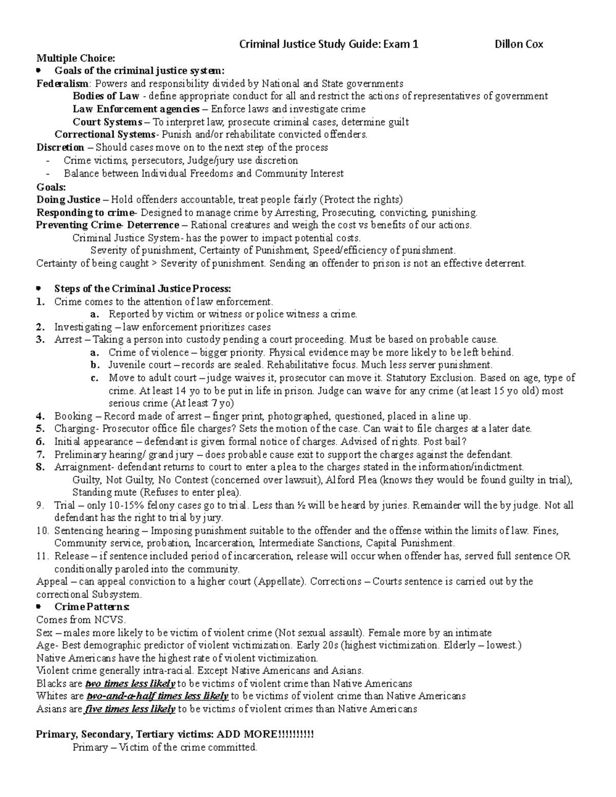 Crimj exam 1 study guide - Criminal Justice Study Guide: Exam 1 Dillon ...