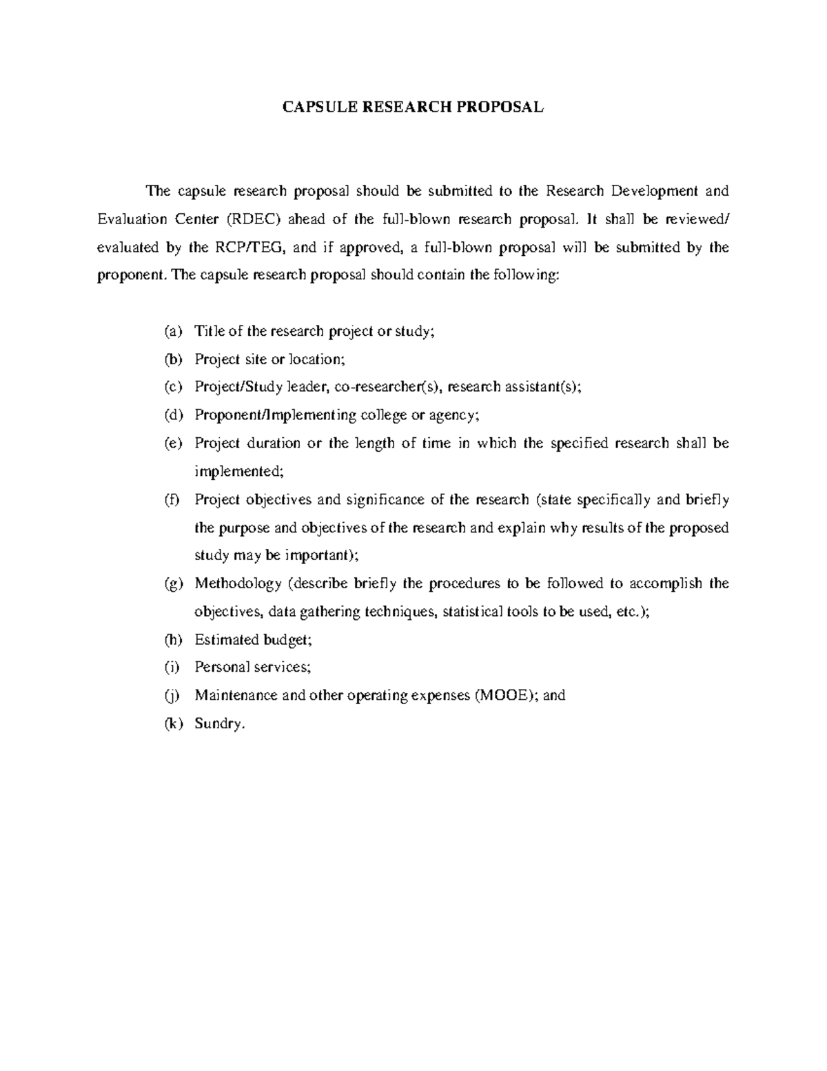 Capsule Research Guidelines - CAPSULE RESEARCH PROPOSAL The capsule ...