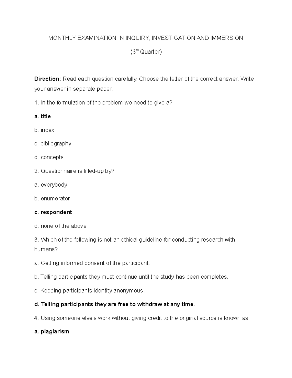 Monthly exam - CBAR - MONTHLY EXAMINATION IN INQUIRY, INVESTIGATION AND ...