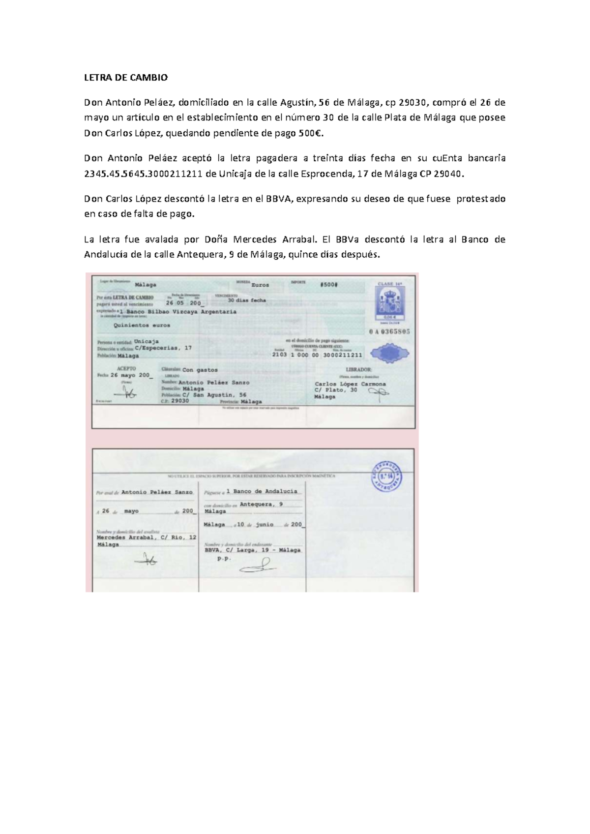 Ejercicio repaso letra de cambio - LETRA DE CAMBIO Don Antonio Peláez ...