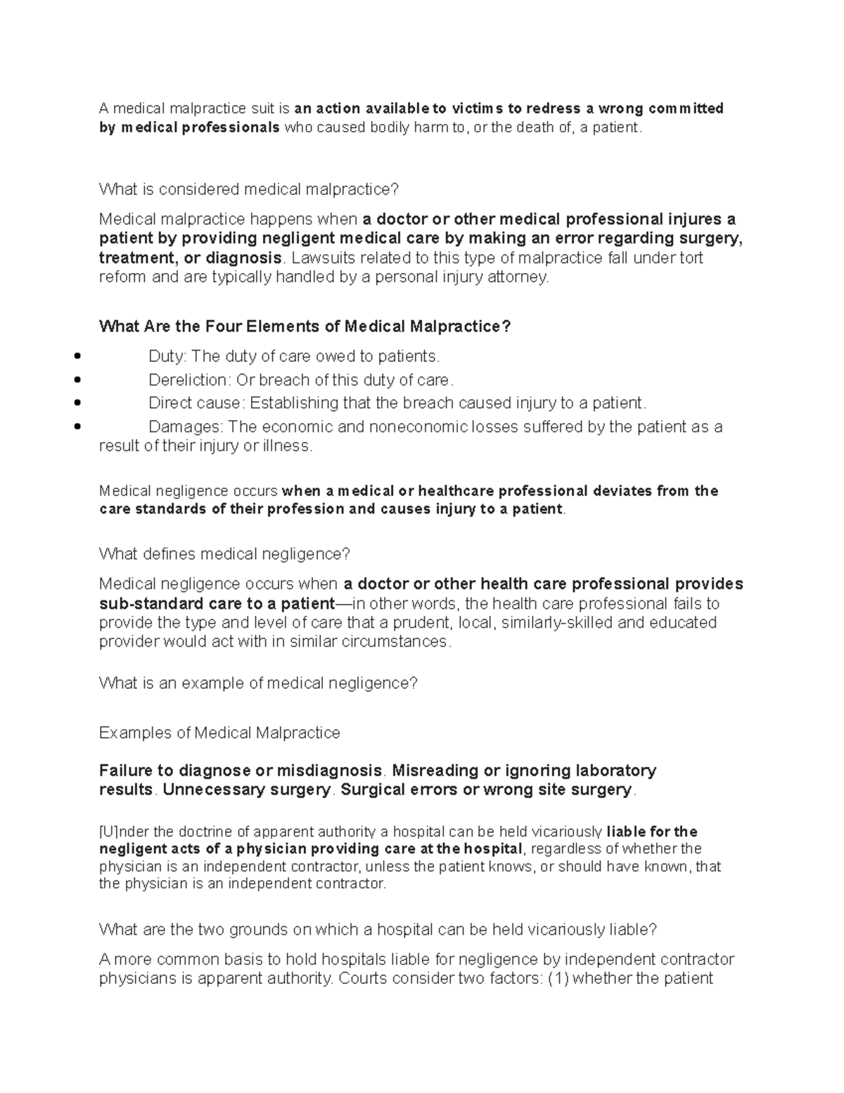 Medical torts - MEDICINE - A medical malpractice suit is an action ...