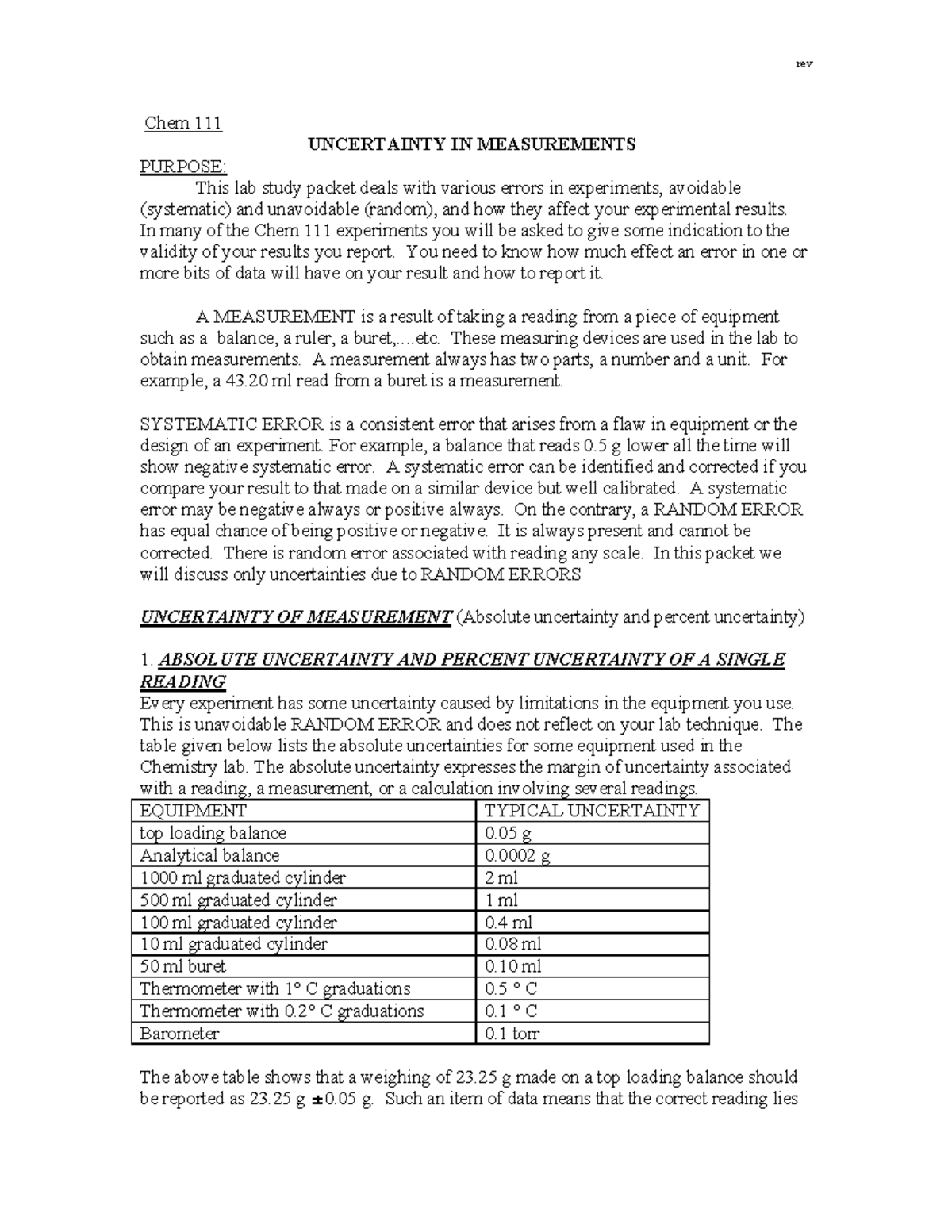 Exp 1 Uncertainty in Measur rev - Chem 111 UNCERTAINTY IN MEASUREMENTS ...