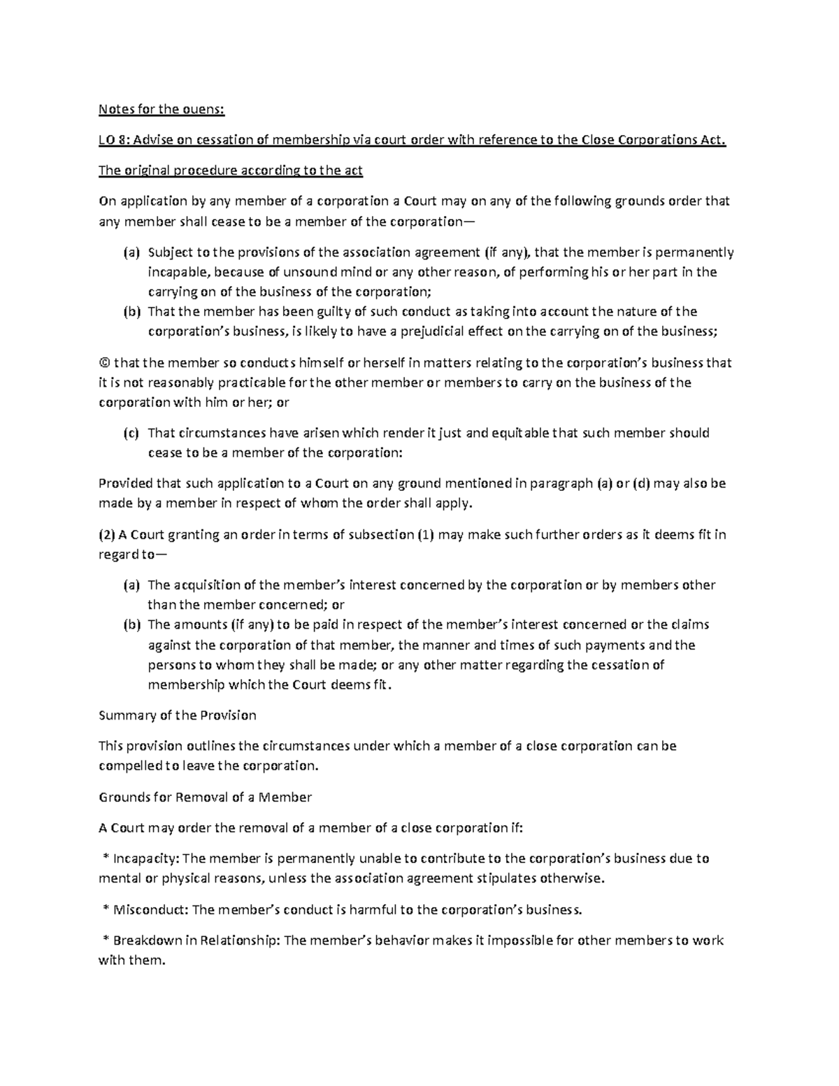 Lo 8-13 - Summarised version of learning outcomes 8-13 - Notes for the ...