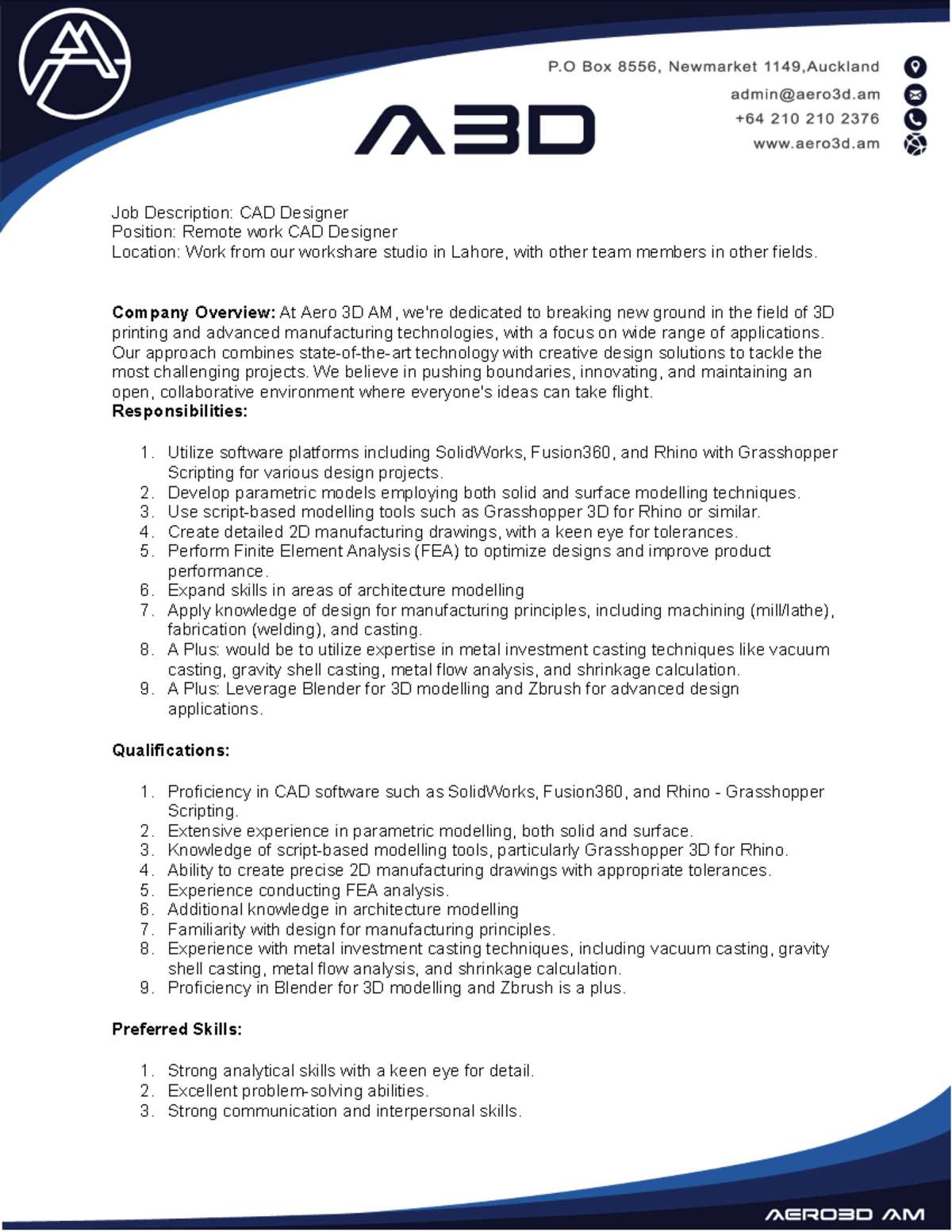 Aero3D Job Description - Job Description: CAD Designer Position: Remote ...