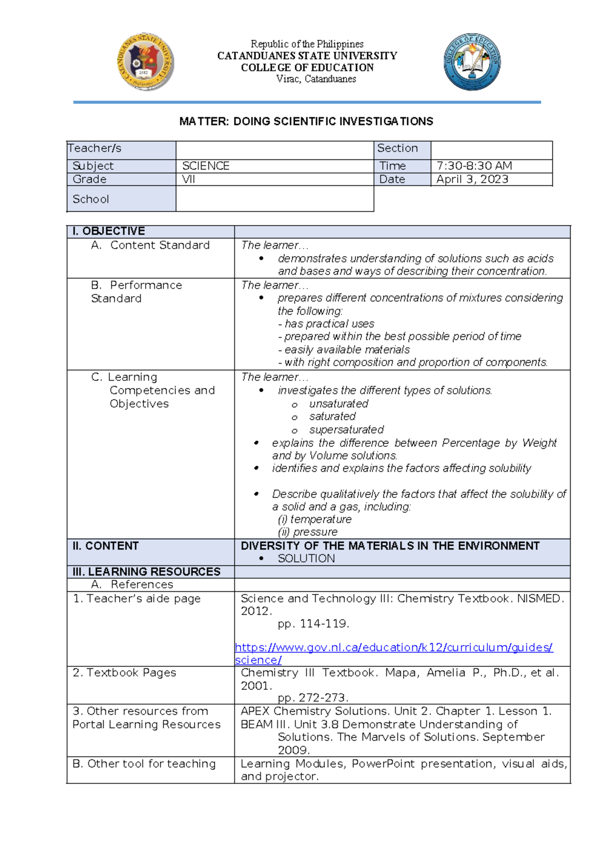 Daily lesson plan - CATANDUANES STATE UNIVERSITY COLLEGE OF EDUCATION Virac, Catanduanes MATTER ...