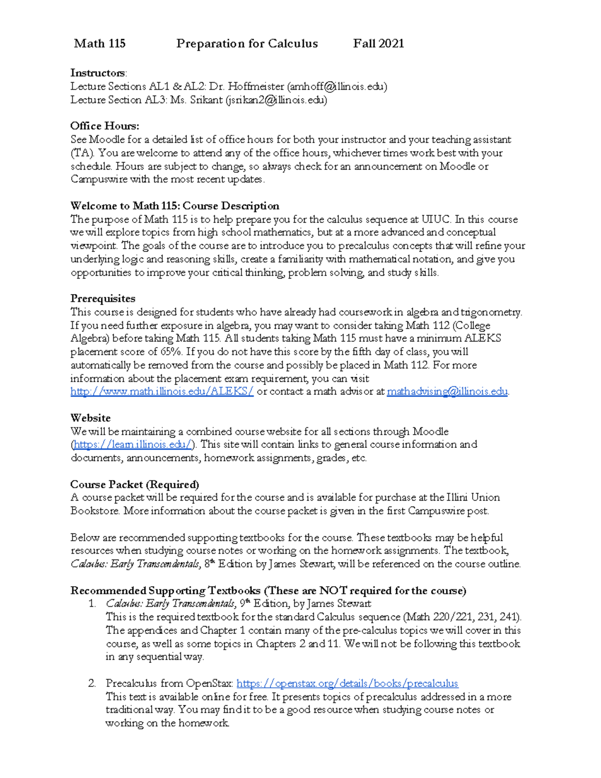 Math 115 Syllabus - Math 115 Preparation for Calculus Fall 2021 ...