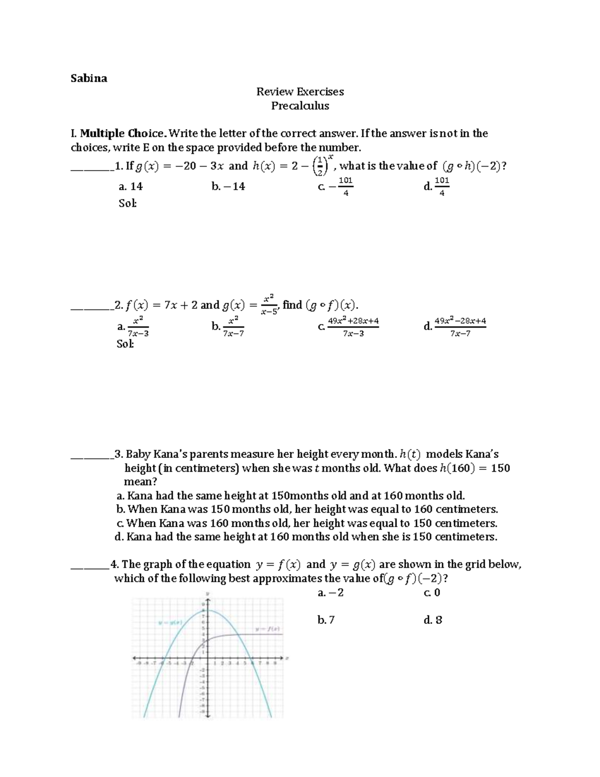 Pre Calc LQ 3Reviewer 01 - Sabina Review Exercises Precalculus I ...