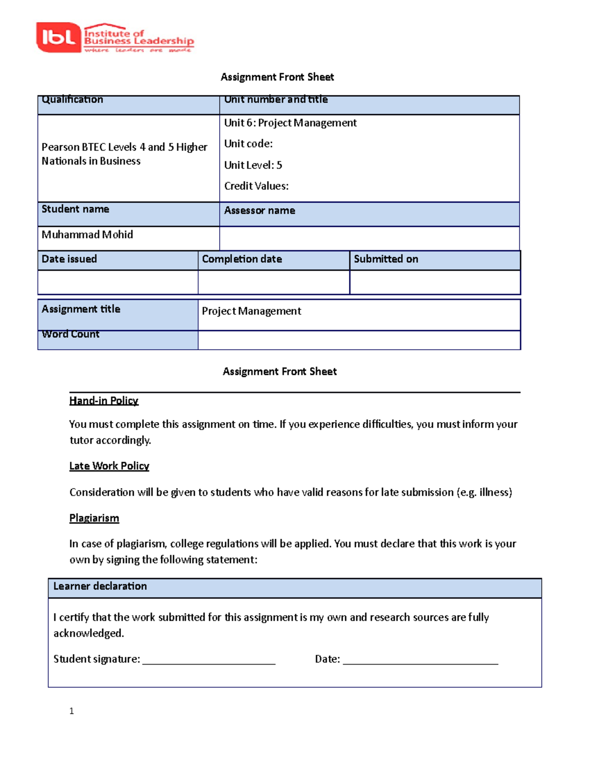 Unit 6 Project Management Level 5 HND - Assignment Front Sheet ...
