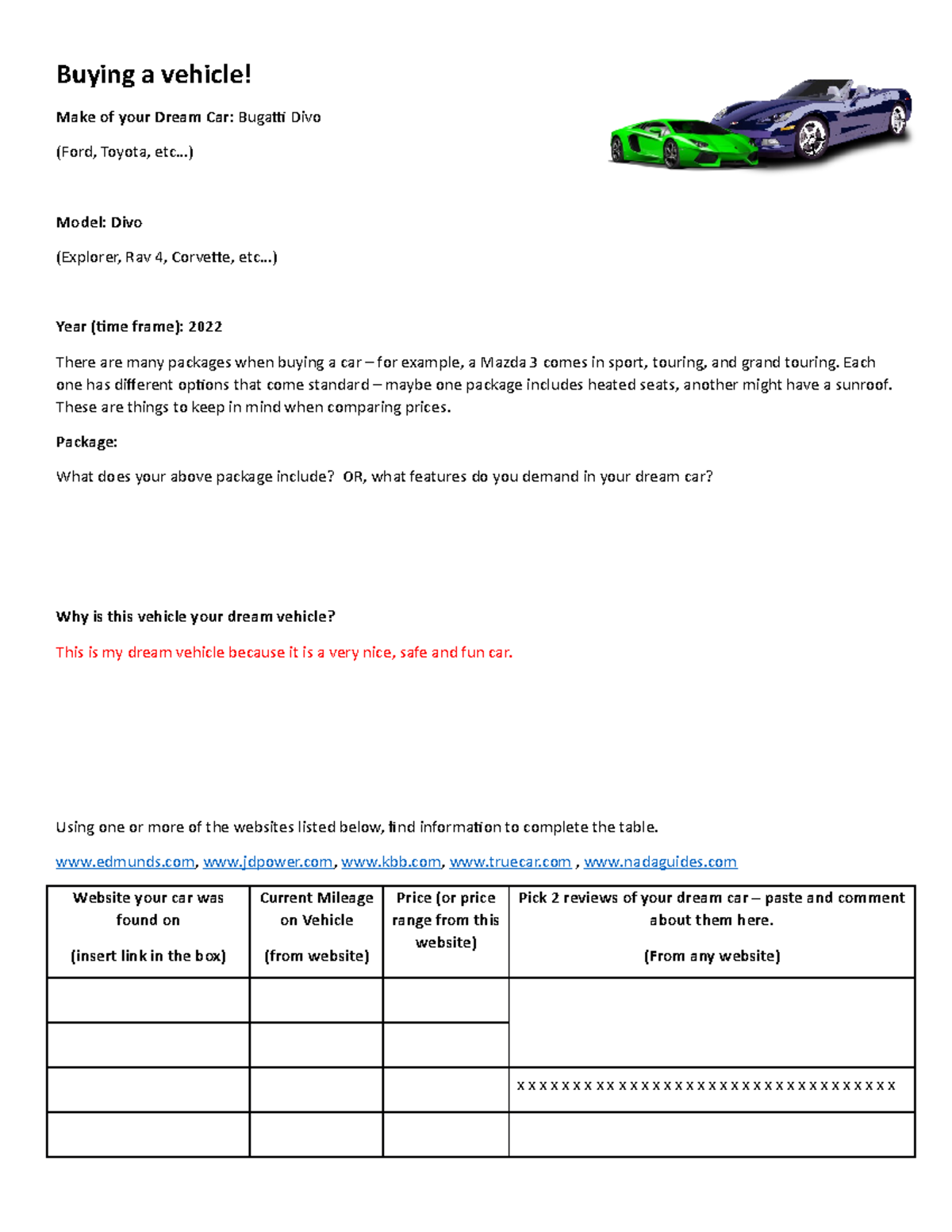 Buying a Car - Research - Buying a vehicle! Make of your Dream Car ...