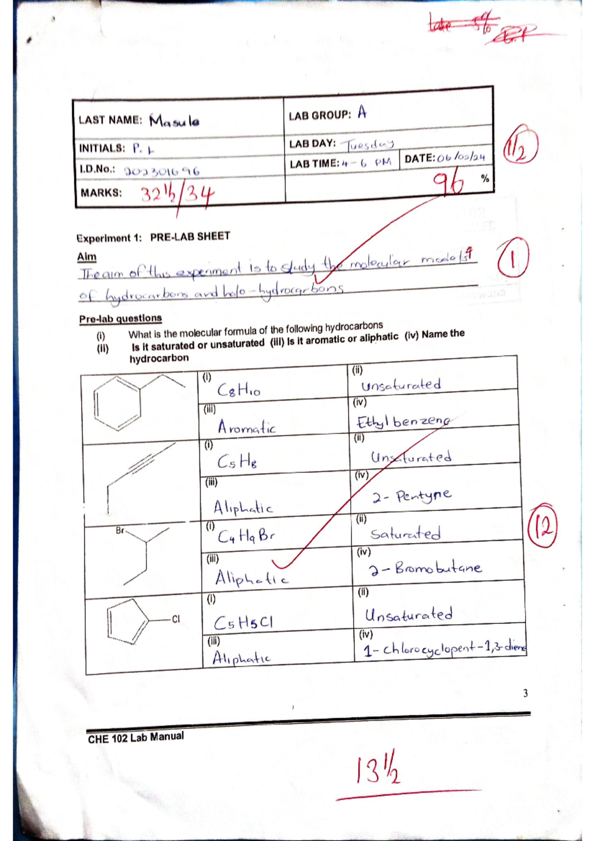 Pre lab che 102 - Chemistry pre- lab answers - late 5th set LAST NAME ...