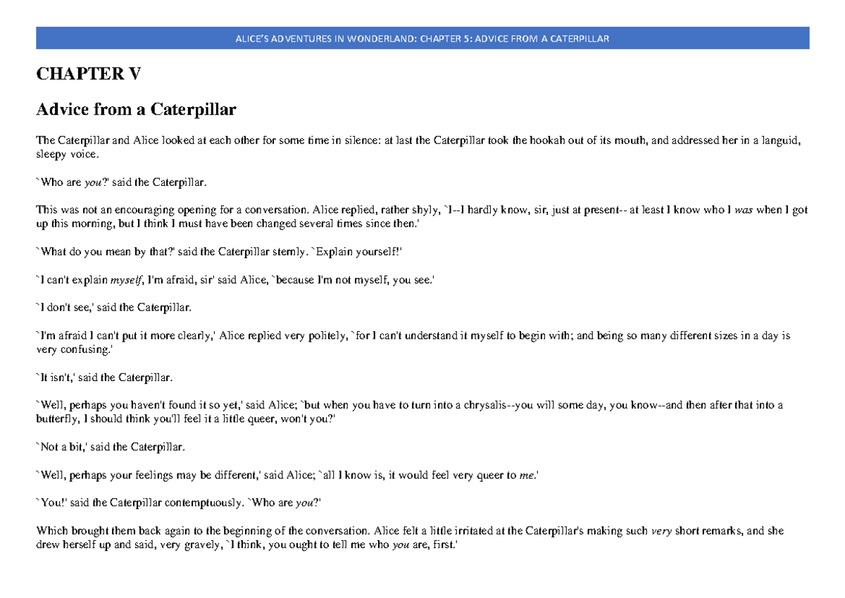 Alice in Wonderland Chapter Five comprehension - CHAPTER V Advice from ...
