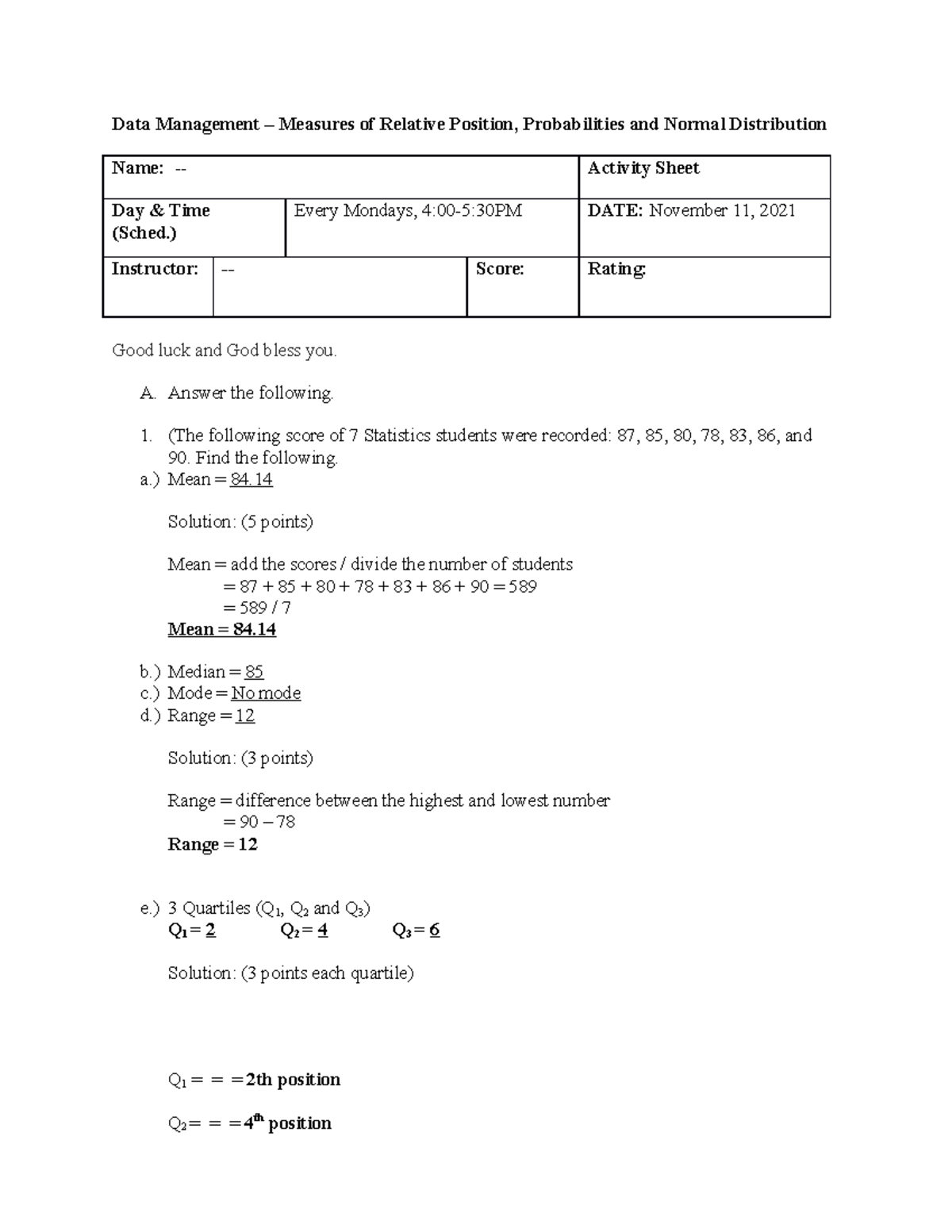 Measures of Relative Position, Probabilities and Normal Distribution ...