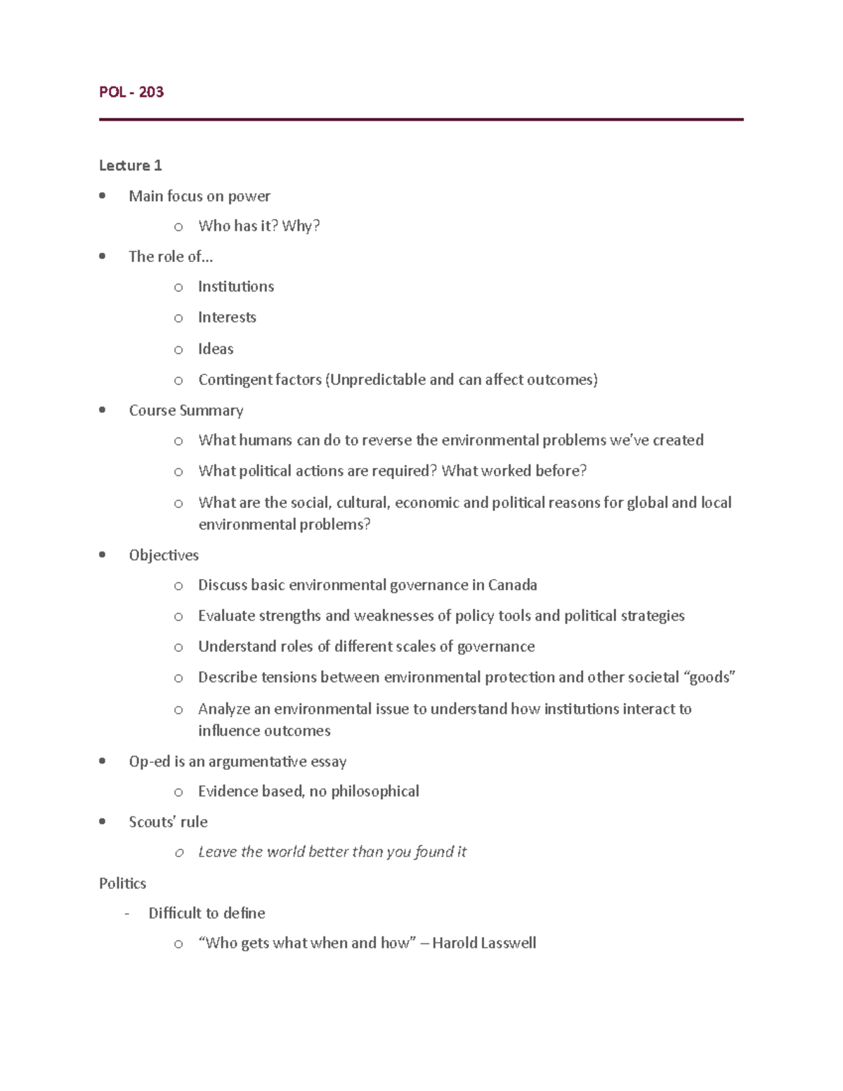 POL 203 - Comprehensive Lecture Notes. Professor Burton - POL - 203 ...