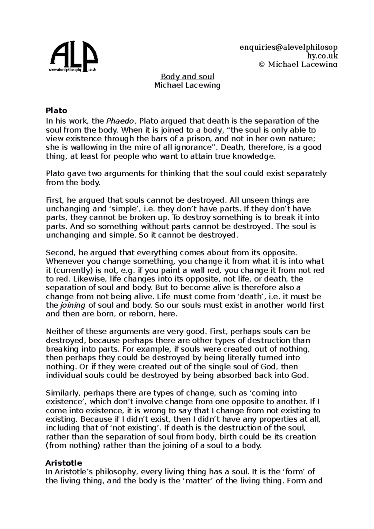 Body Soul - a doc - Body and soul Michael Lacewing Plato In his work ...
