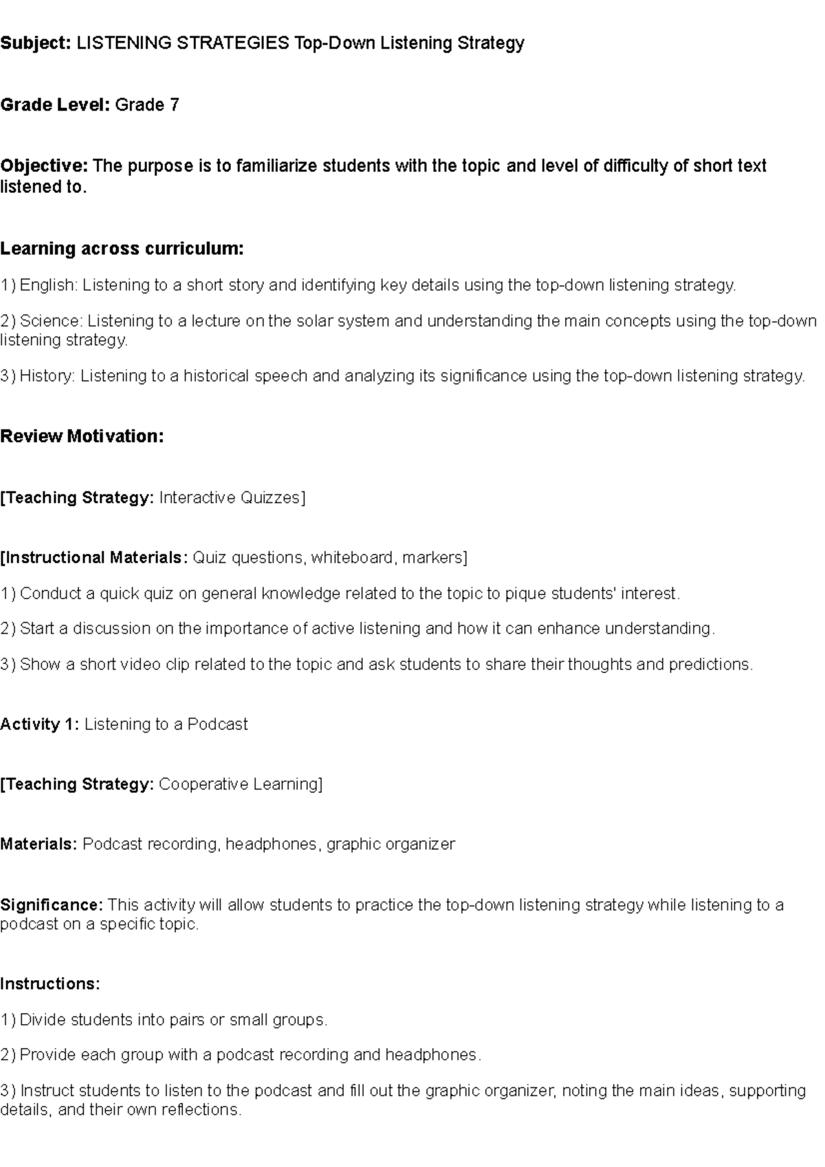 Lesson plan - xfvfdvbdfbdfb - Subject: LISTENING STRATEGIES Top-Down ...