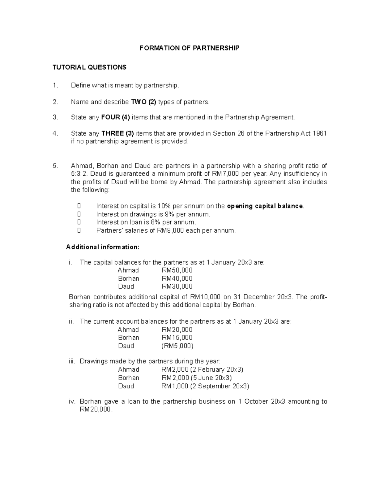 Formation OF Partnership (Exercises) - FORMATION OF PARTNERSHIP TUTORIAL QUESTIONS Define what ...