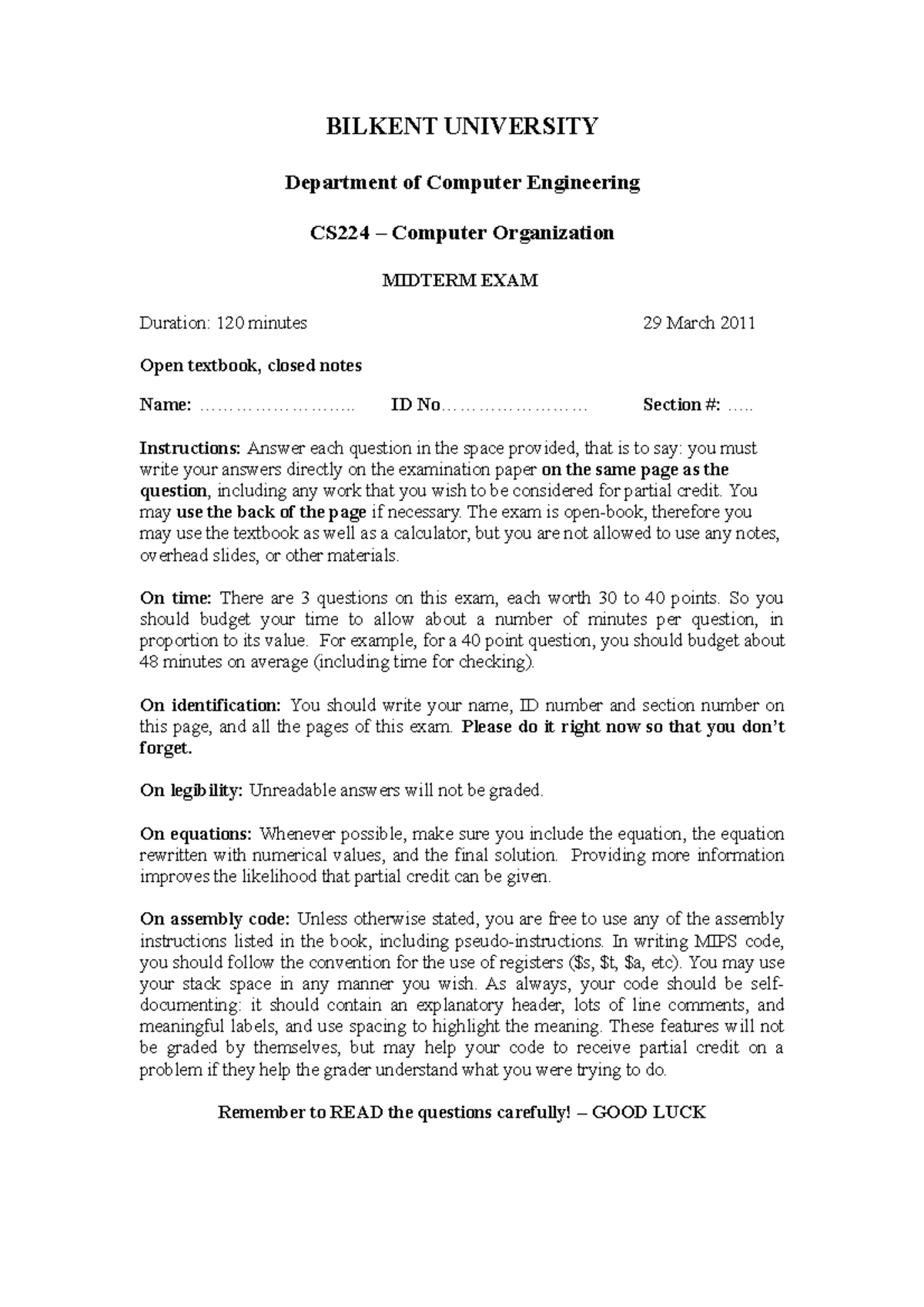 Midterm 2011 Spring - BILKENT UNIVERSITY Department of Computer ...