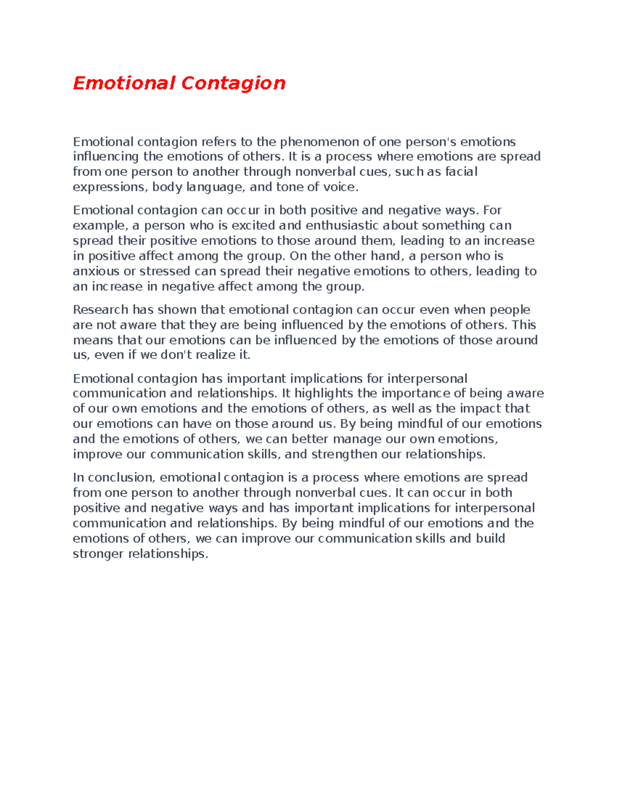 Document 75 - essay - Emotional Contagion Emotional contagion refers to ...