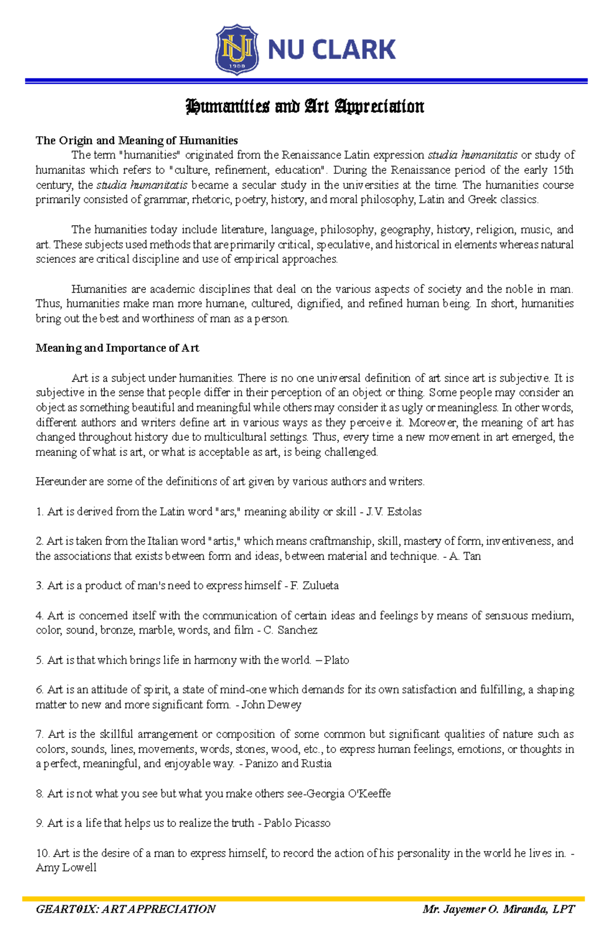 Course Material 01 - Humanities and Art Appreciation The Origin and ...