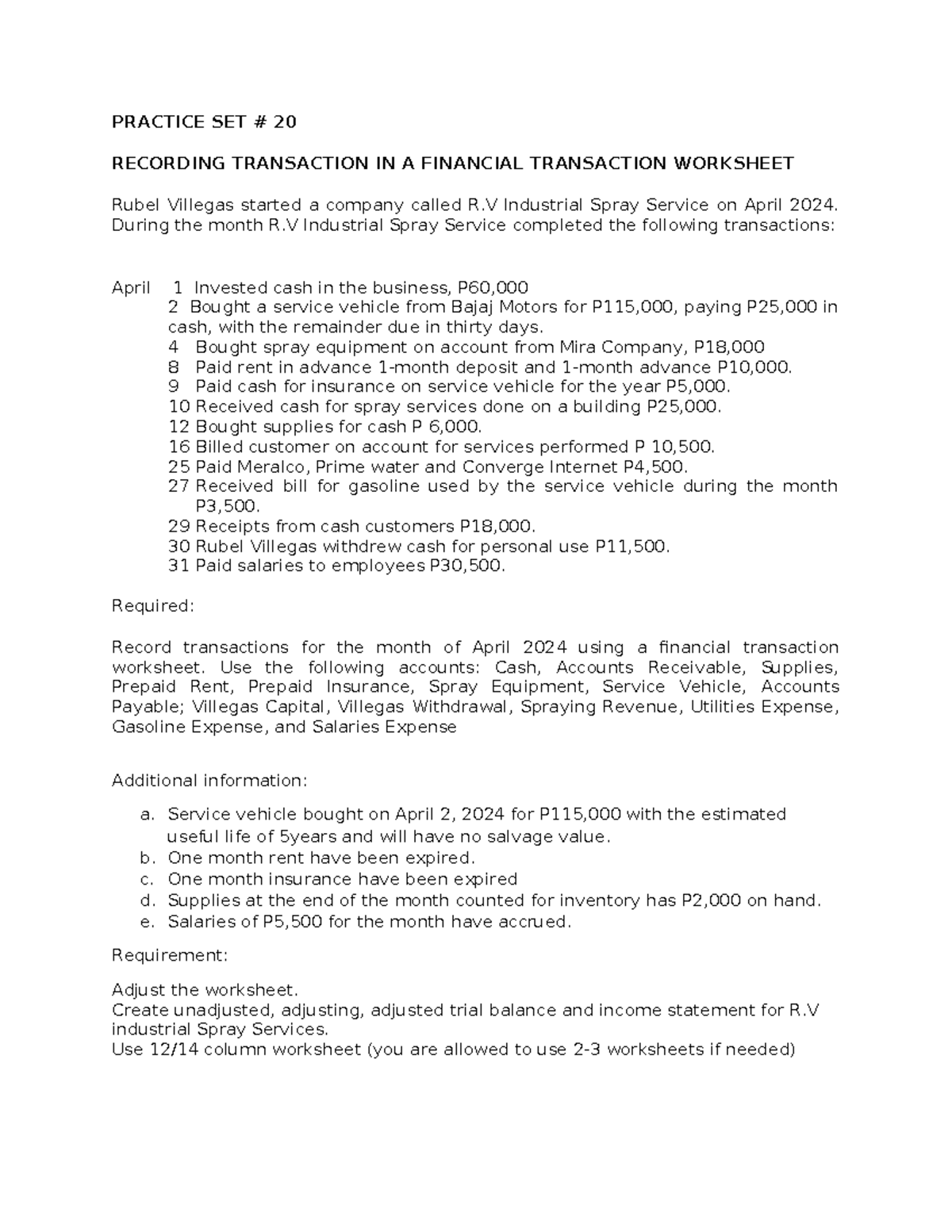 Practice SET 20 1 - PRACTICE SET # 20 RECORDING TRANSACTION IN A ...