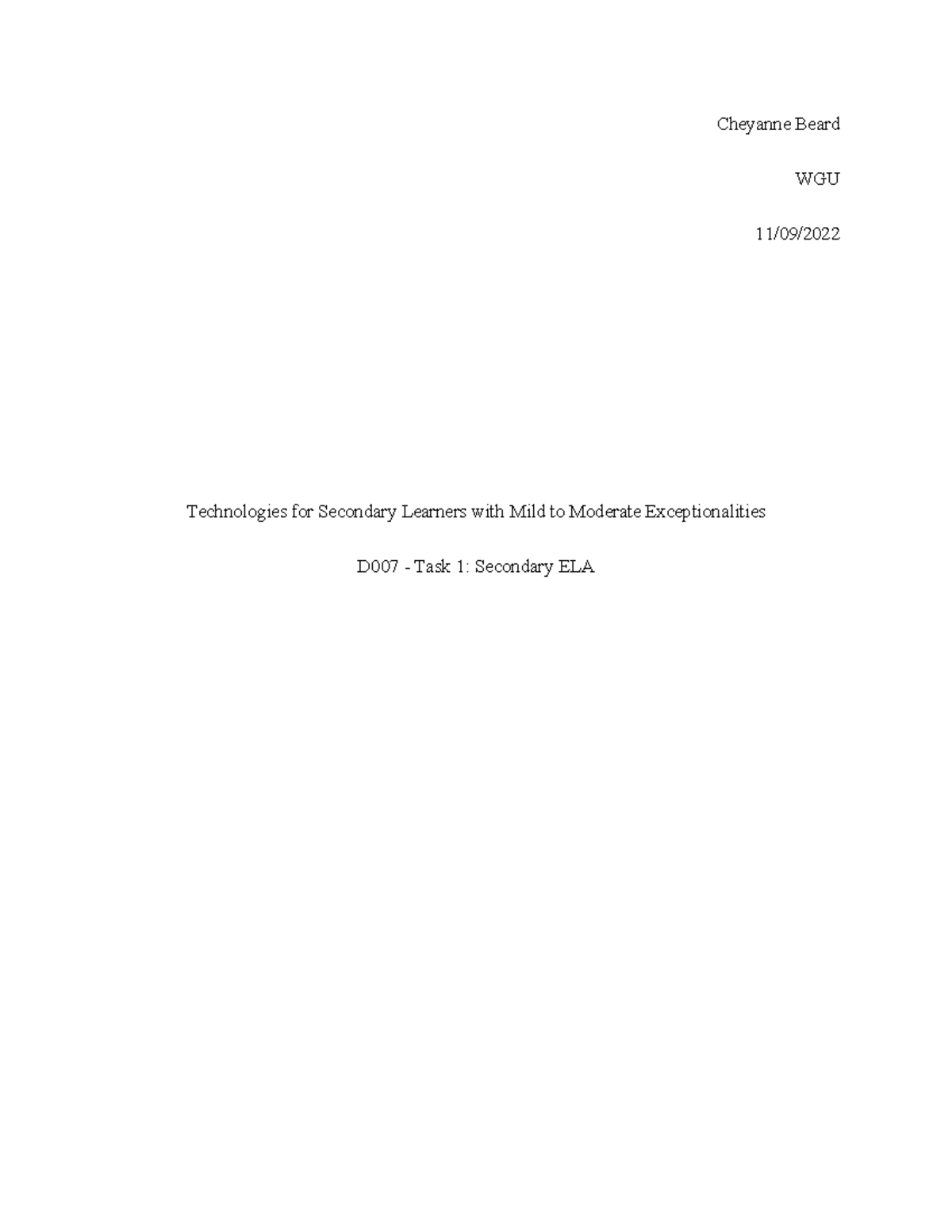 D007 Task 1 Objective Assessment For Task 1 Example Cheyanne Beard Wgu 11 09 Technologies