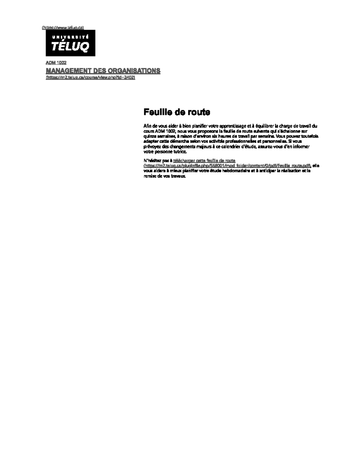 Feuille de route ADM1002 - UNIVERSITE TÉLUQ ADM 1002 MANAGEMENT DES ...