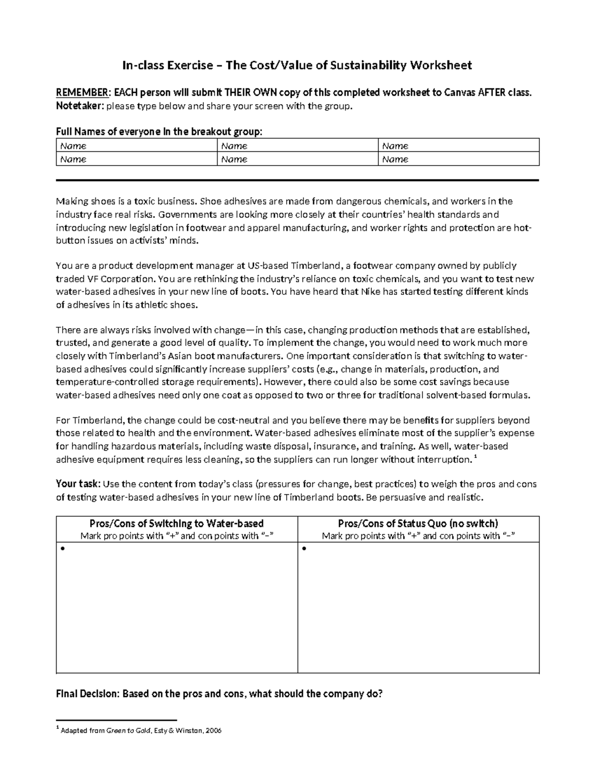 C105 - Value of Sustainability - Worksheet - In-class Exercise – The ...